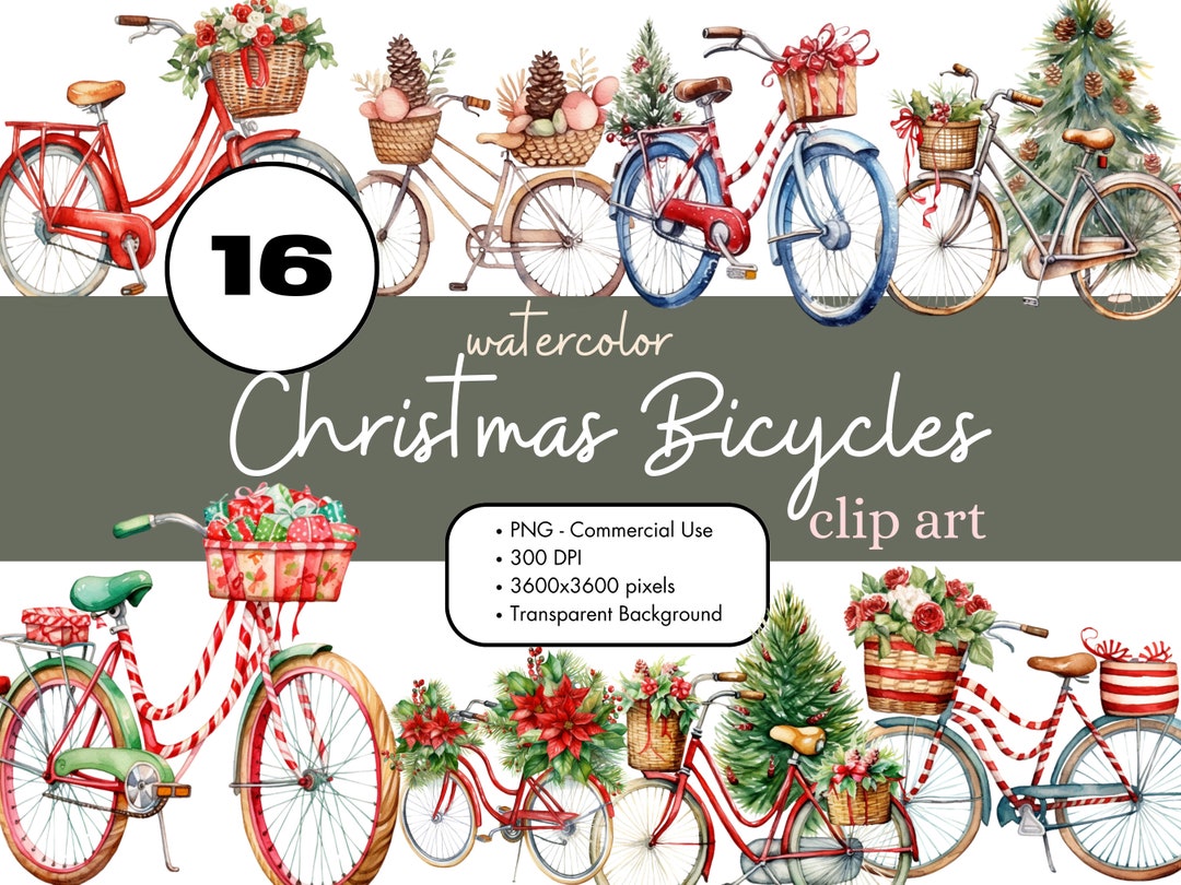 16 Christmas Bicycles Watercolor Clipart Sublimation Bundle PNG ...