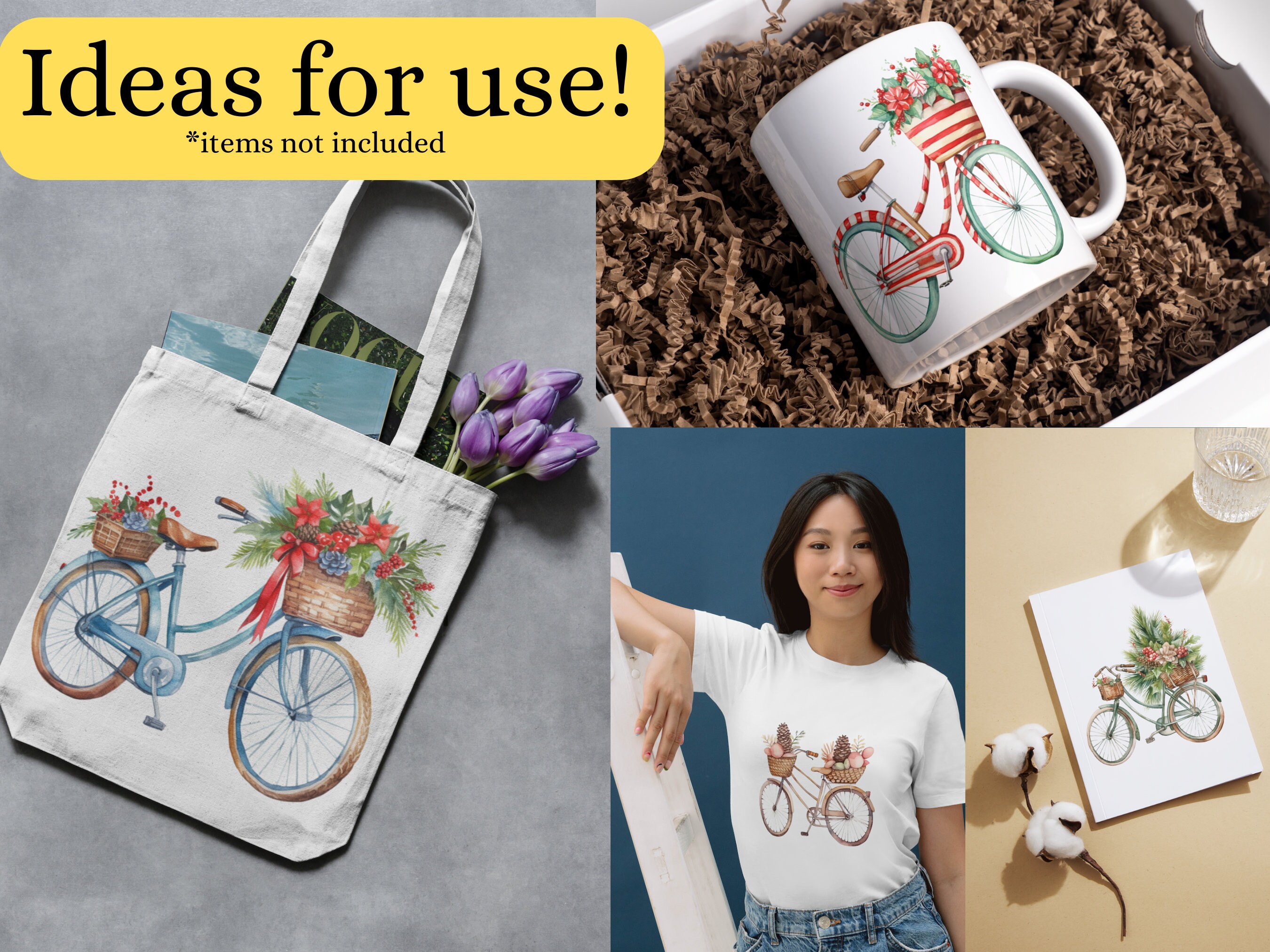 16 Christmas Bicycles Watercolor Clipart Sublimation Bundle PNG ...