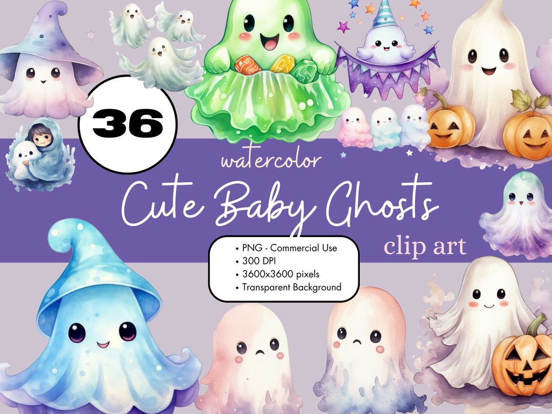 36 Baby Ghosts Cute Halloween Watercolor Clipart PNG Sublimation Bundle ...