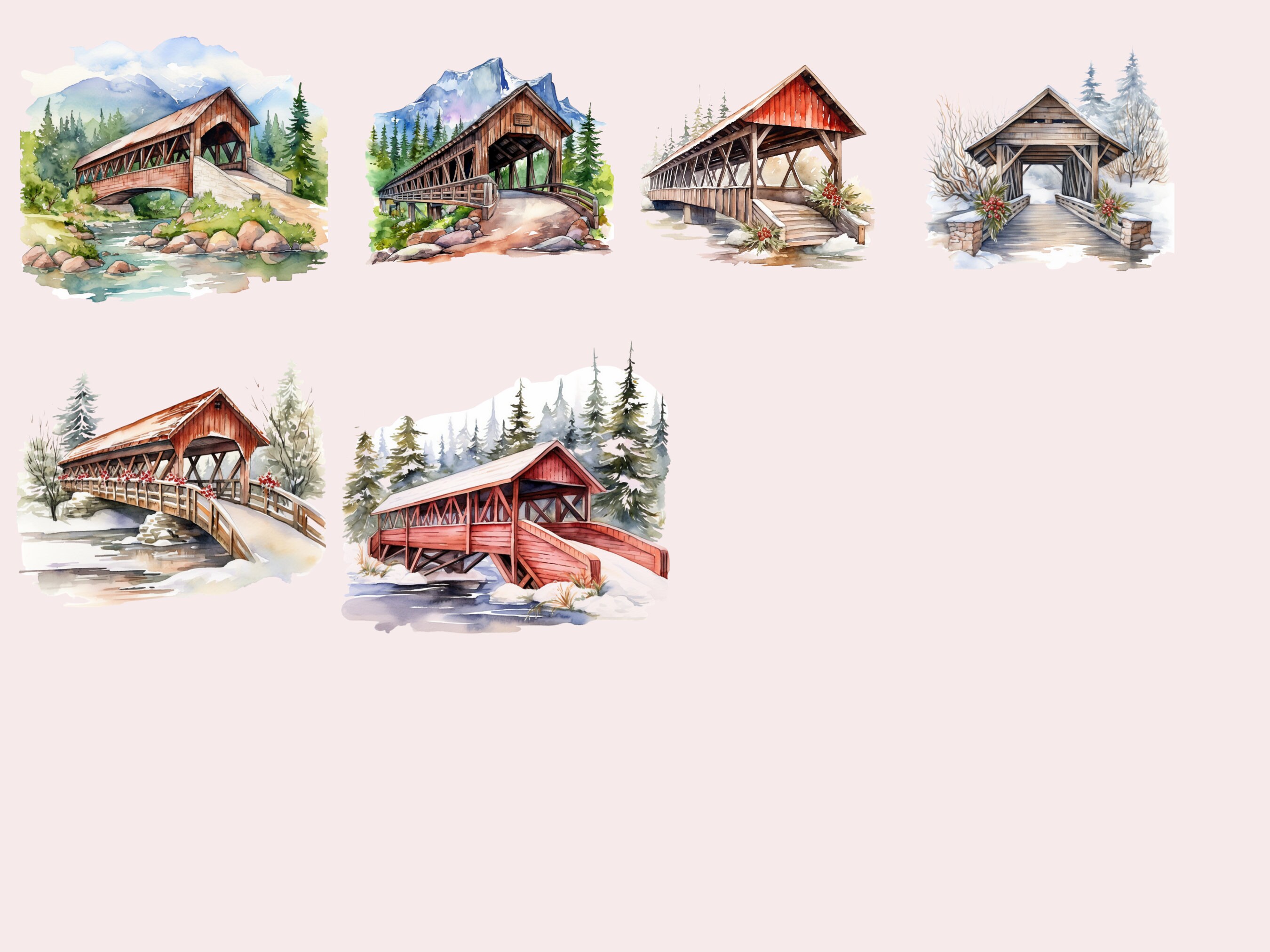 17 Covered Bridges Fall Winter Spring Seasons Watercolor Clipart ...