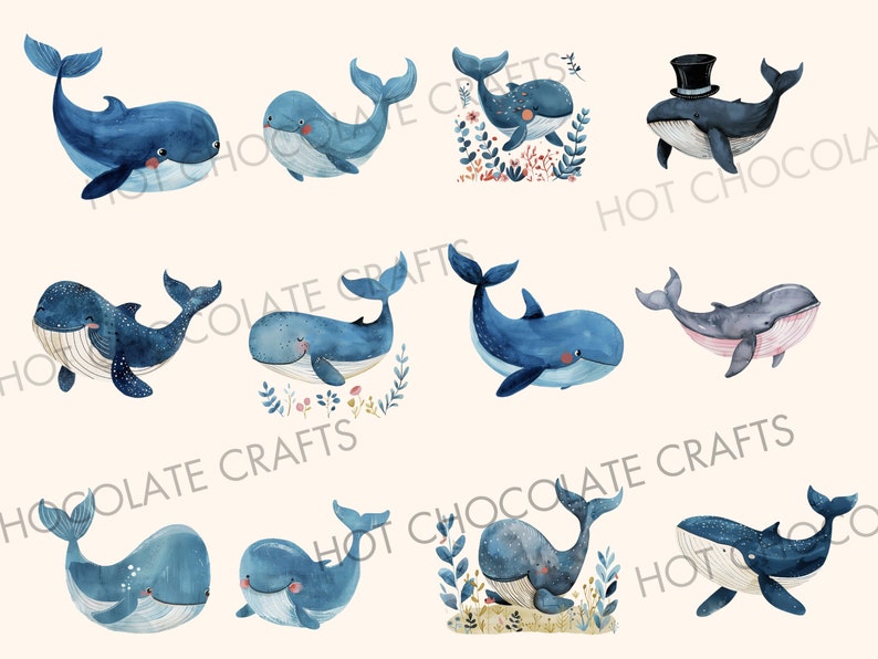 35 Cute Whales Watercolor Clipart Sublimation Bundle PNG Commercial Use ...