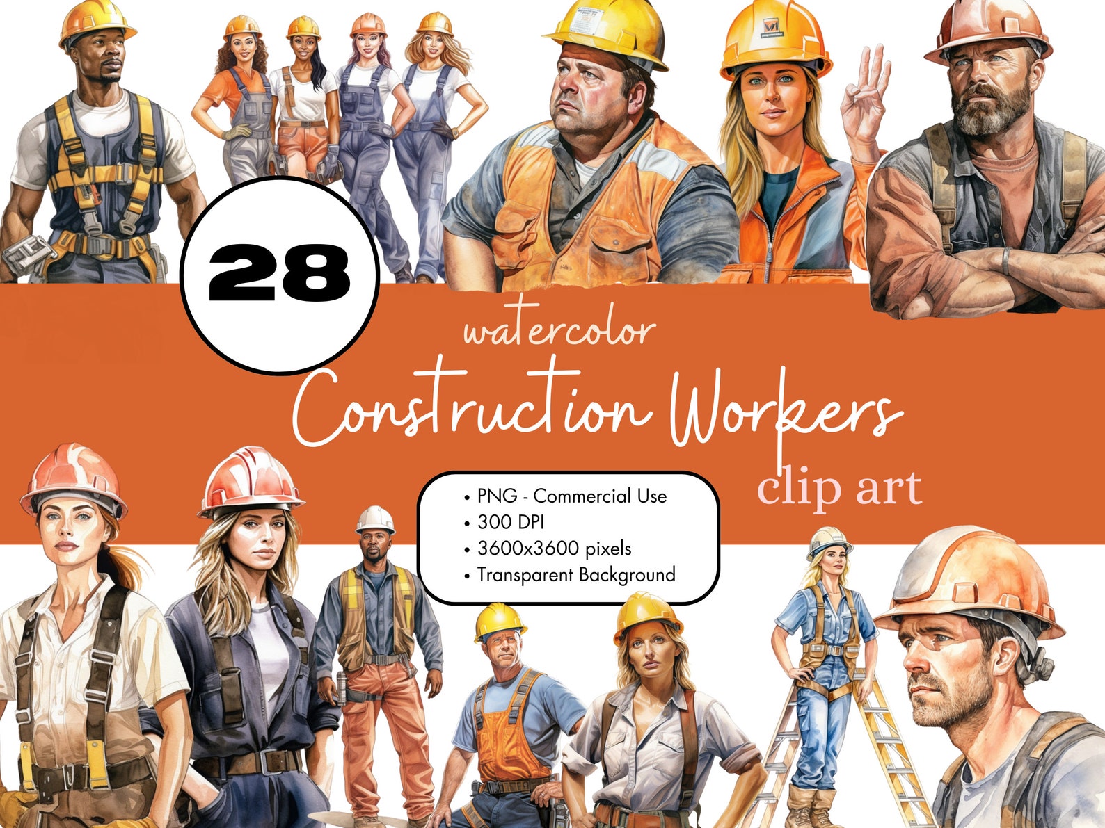 28 Construction Worker Watercolor Clipart Sublimation Bundle PNG ...