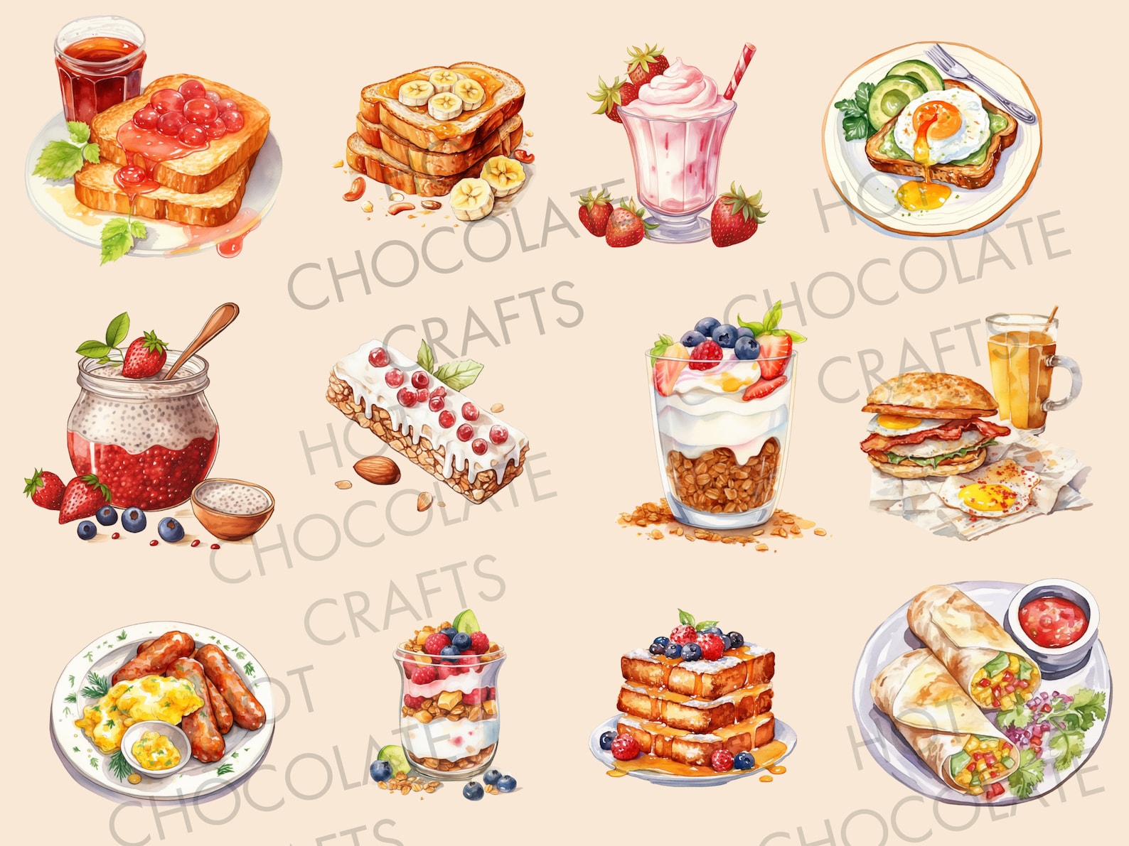 37 Breakfast Food Watercolor Clipart PNG Sublimation Bundle Commercial ...