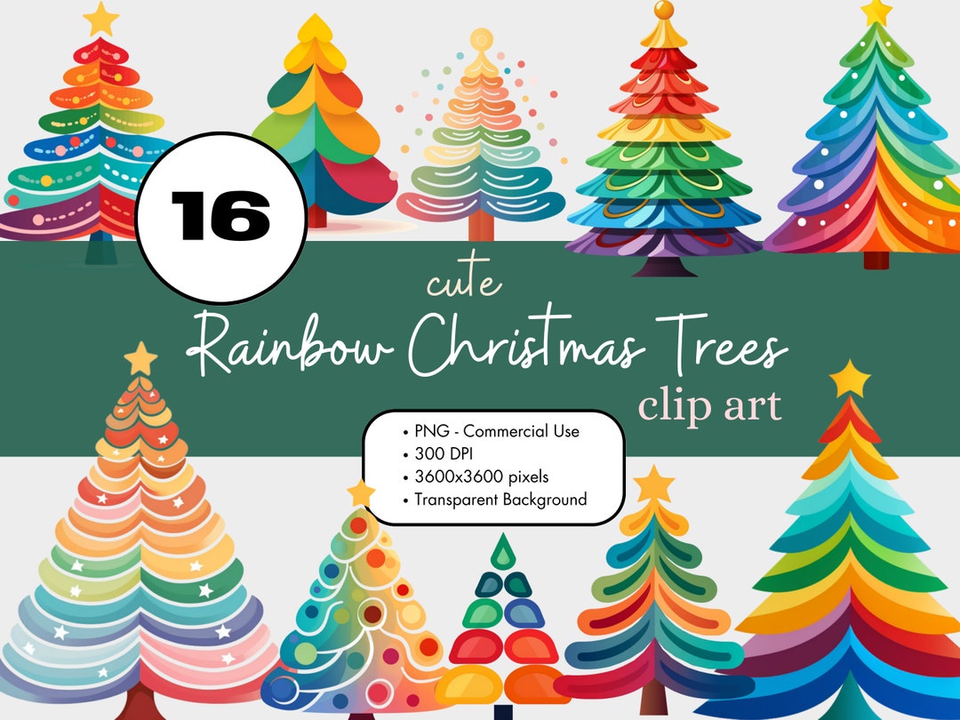 16 Rainbow Christmas Trees Clipart Sublimation Bundle PNG Commercial ...