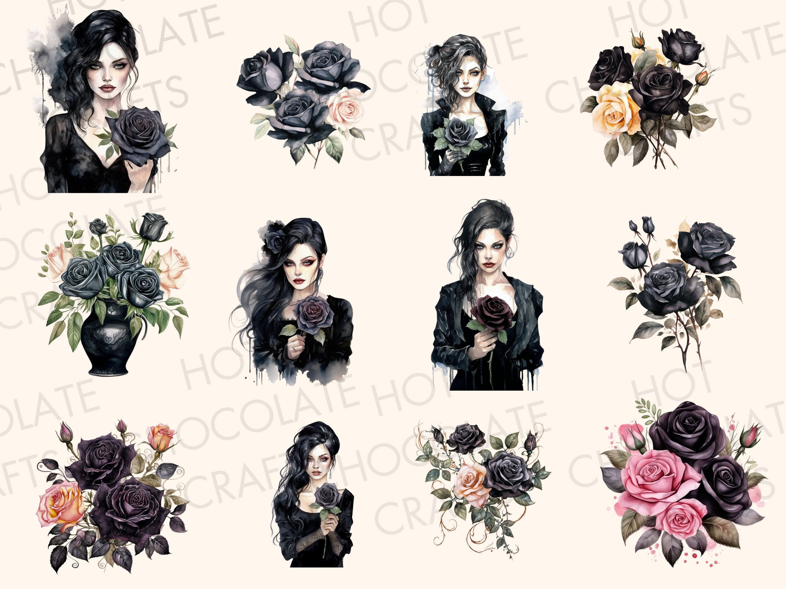 26 Black Roses Watercolor Clipart Sublimation Bundle PNG Commercial Use ...