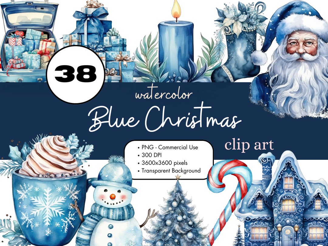 38 Blue Christmas Watercolor Clipart Sublimation Bundle PNG Commercial ...