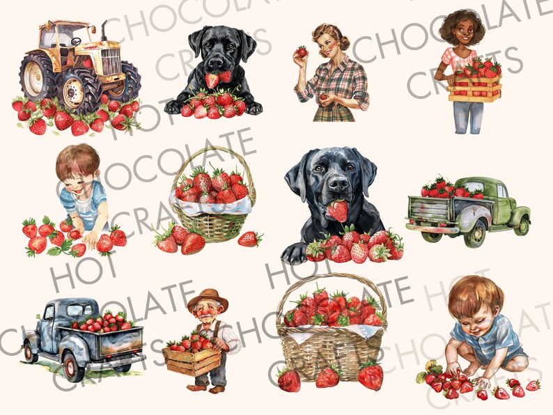 38 Berry Picking Strawberry Watercolor Clipart Sublimation Bundle PNG ...