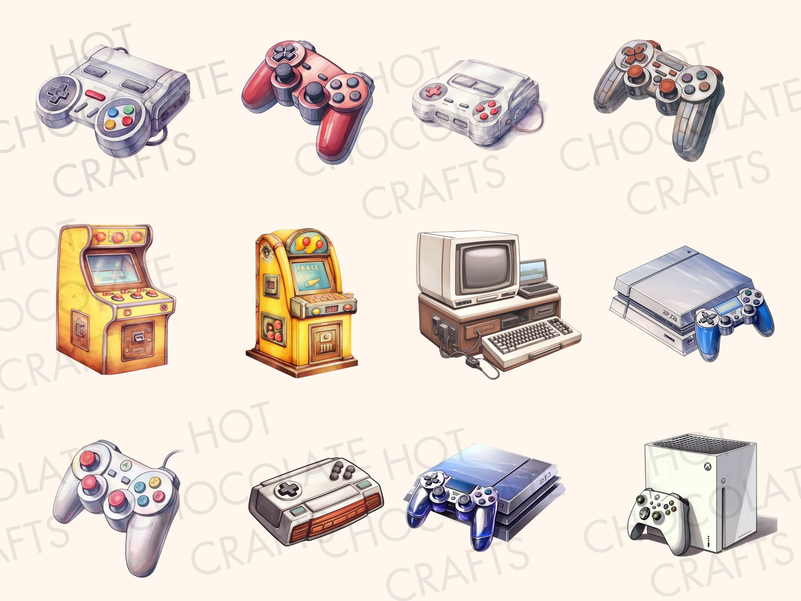 35 Video Game Watercolor Clipart Sublimation Bundle PNG Commercial Use ...