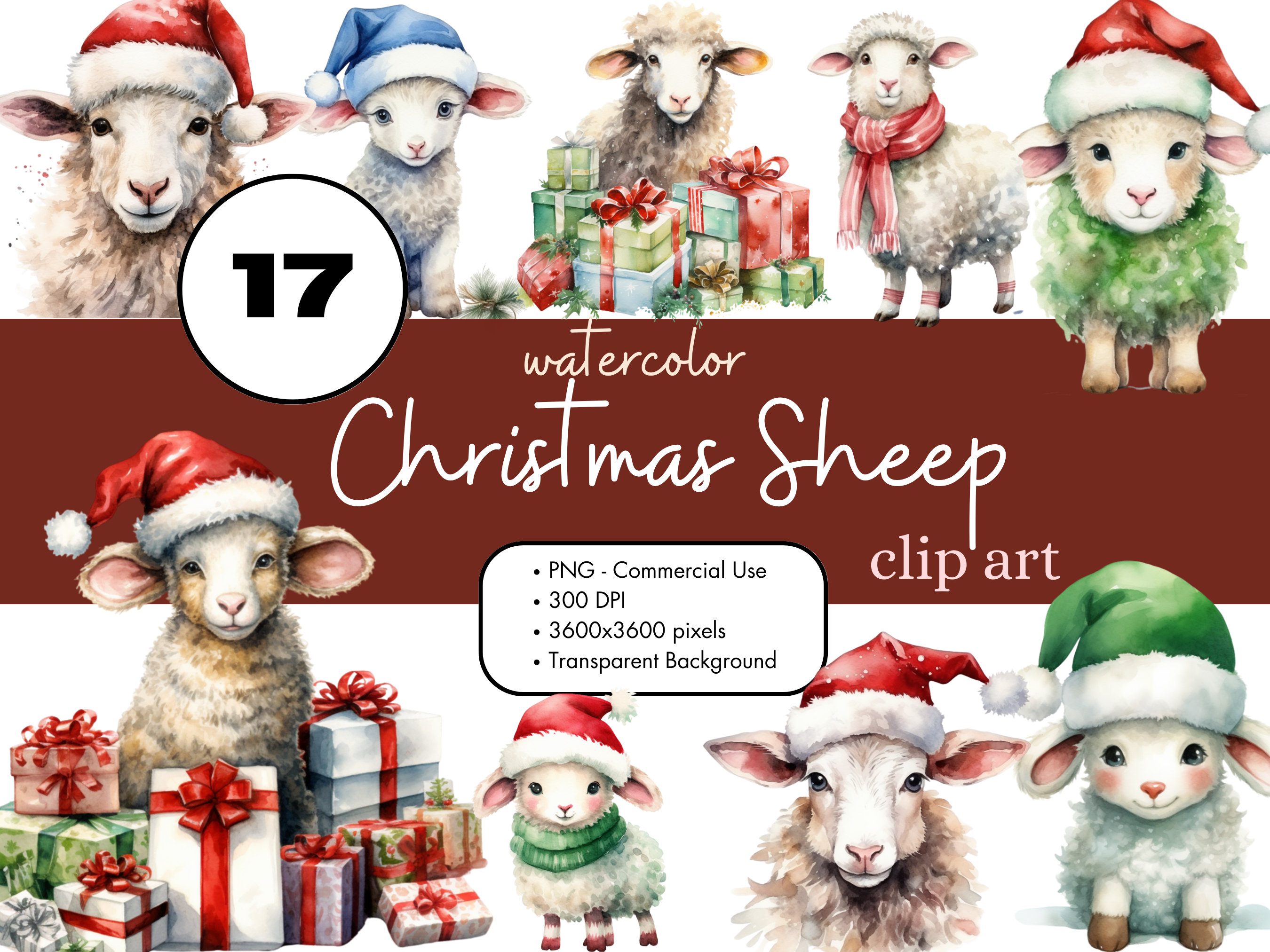 17 Christmas Sheep Clipart Watercolor Sublimation Bundle PNG Commercial ...