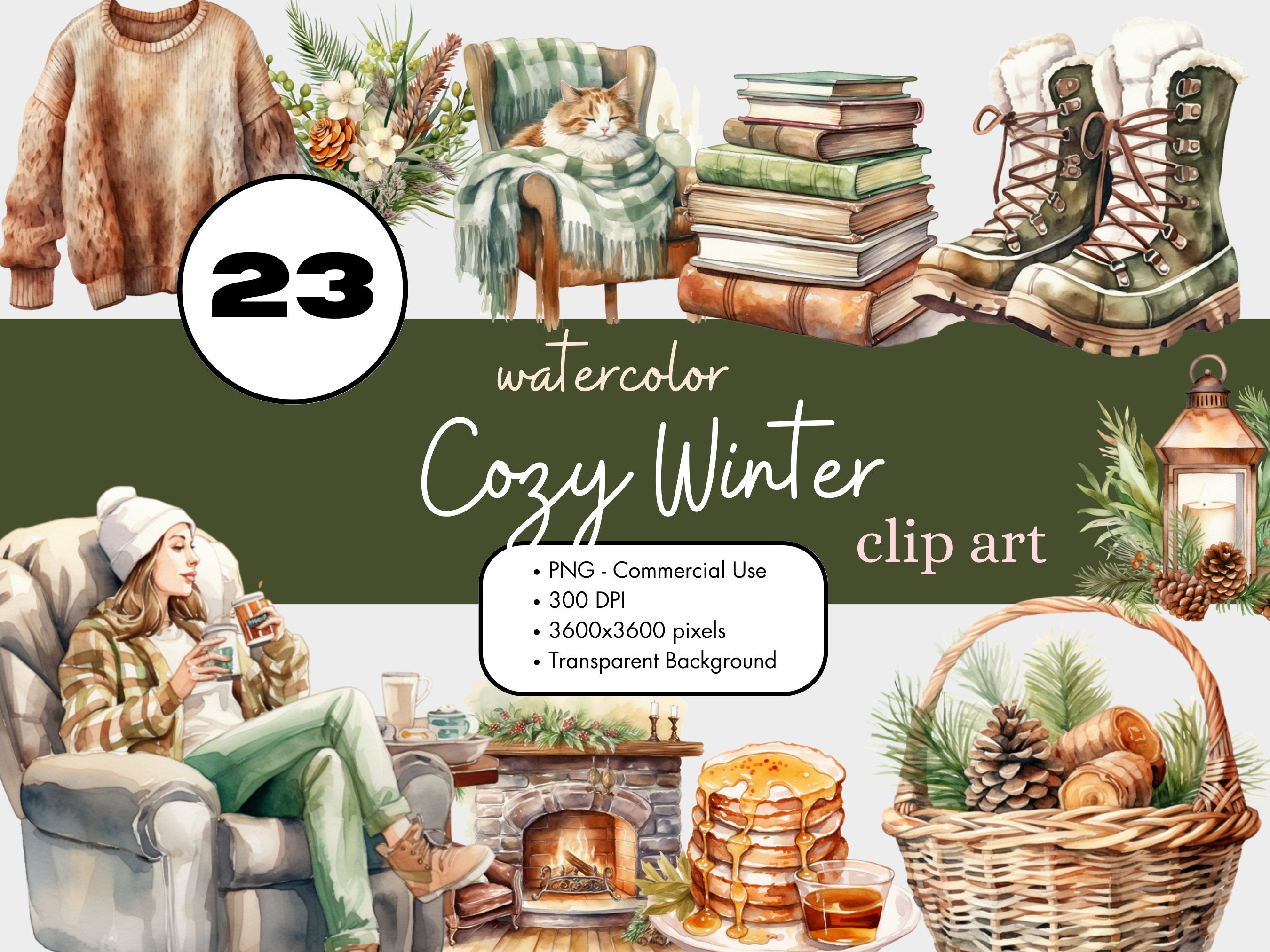 23 Cozy Winter Clipart Bundle, Watercolor PNG Sublimation Bundle ...