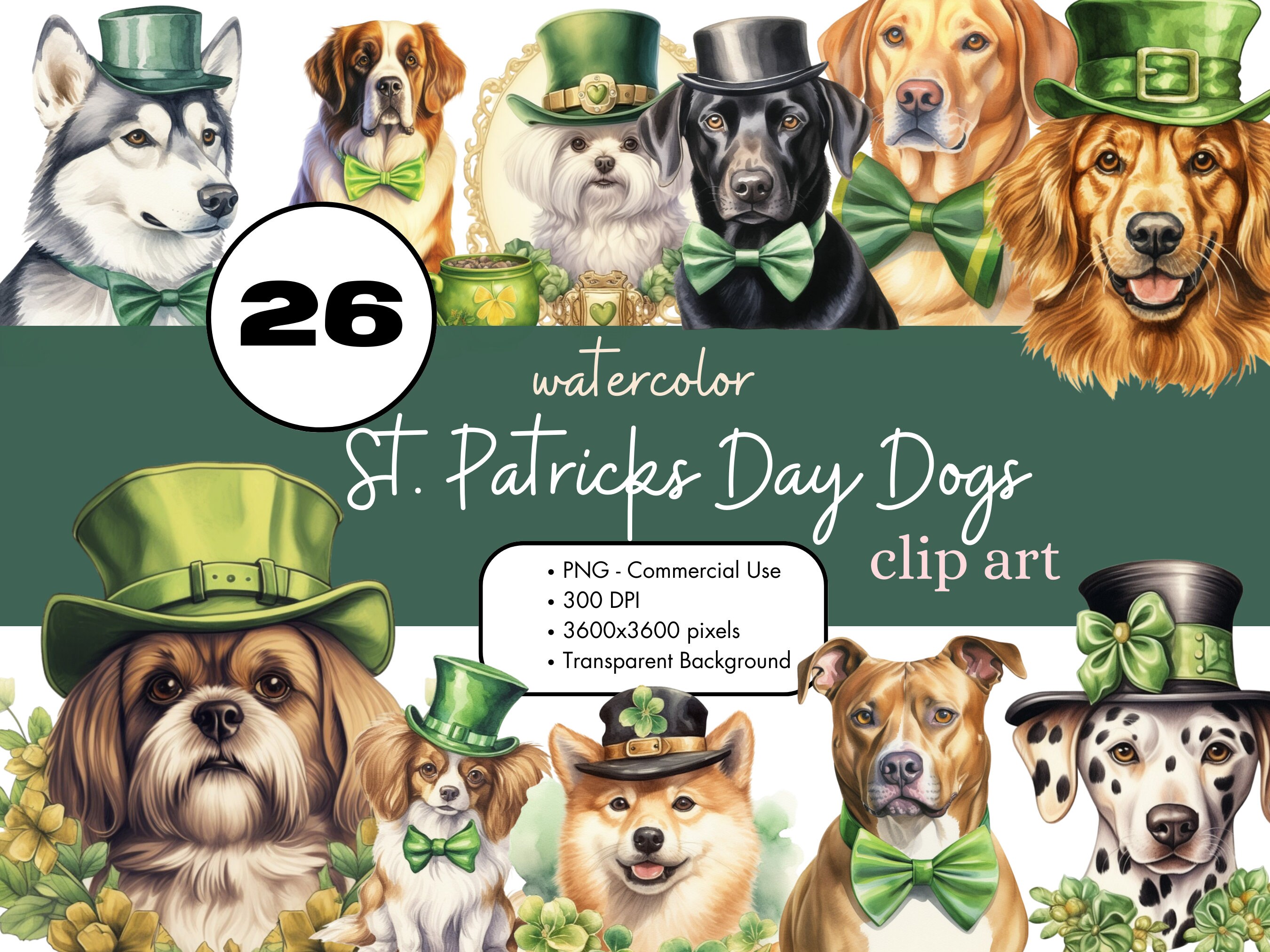 26 St Patricks Day Dogs Watercolor Clipart Sublimation Bundle PNG ...