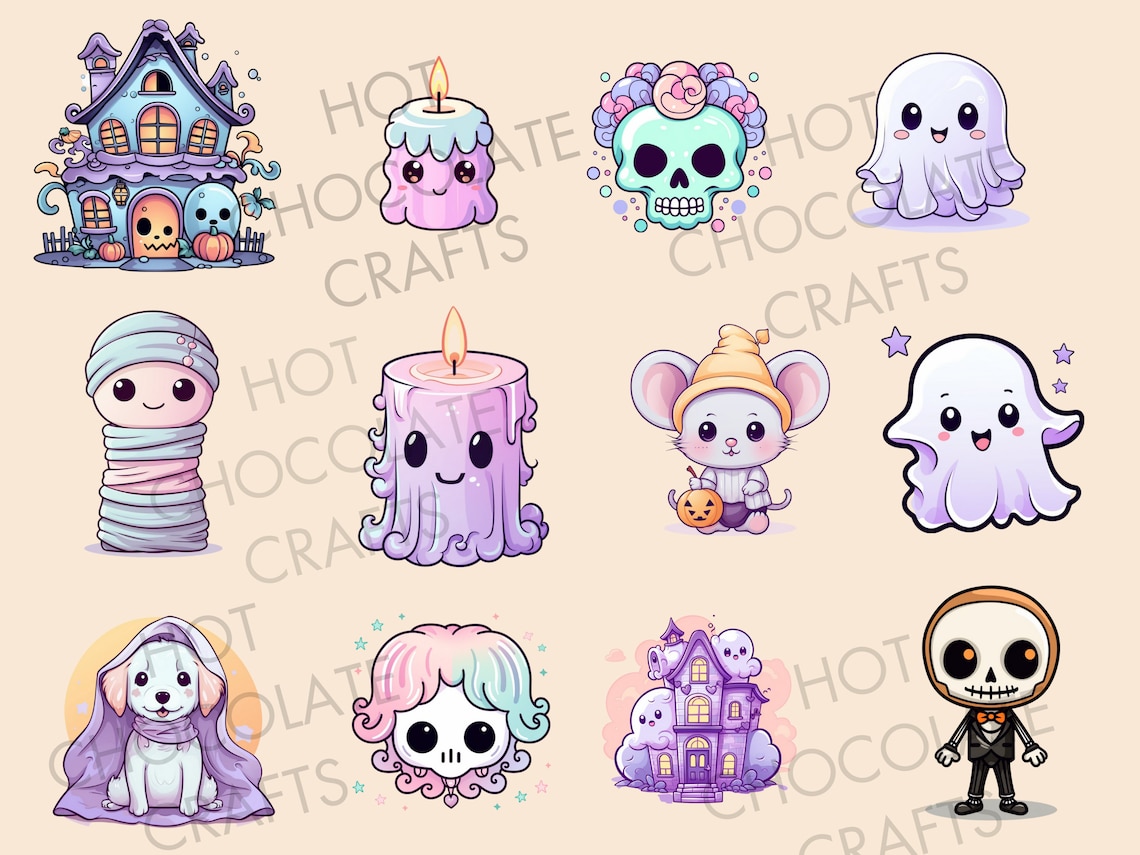 47 Kawaii Pastel Halloween PNG Cute Clipart Ghost Sublimation Bundle ...