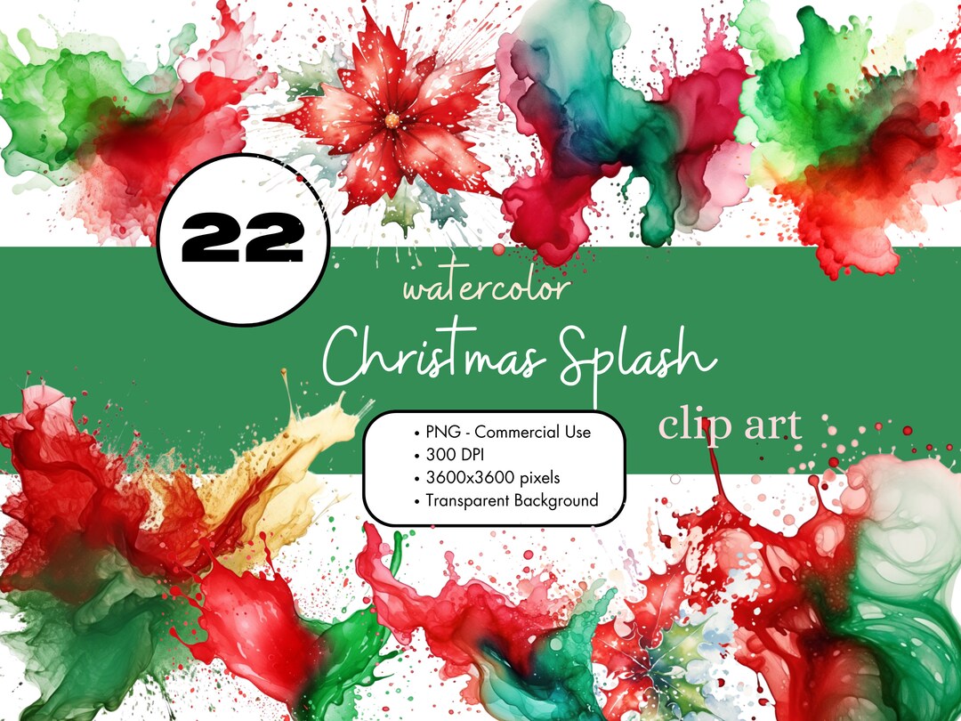 22 Watercolor Christmas Splash Clipart Sublimation Bundle PNG ...