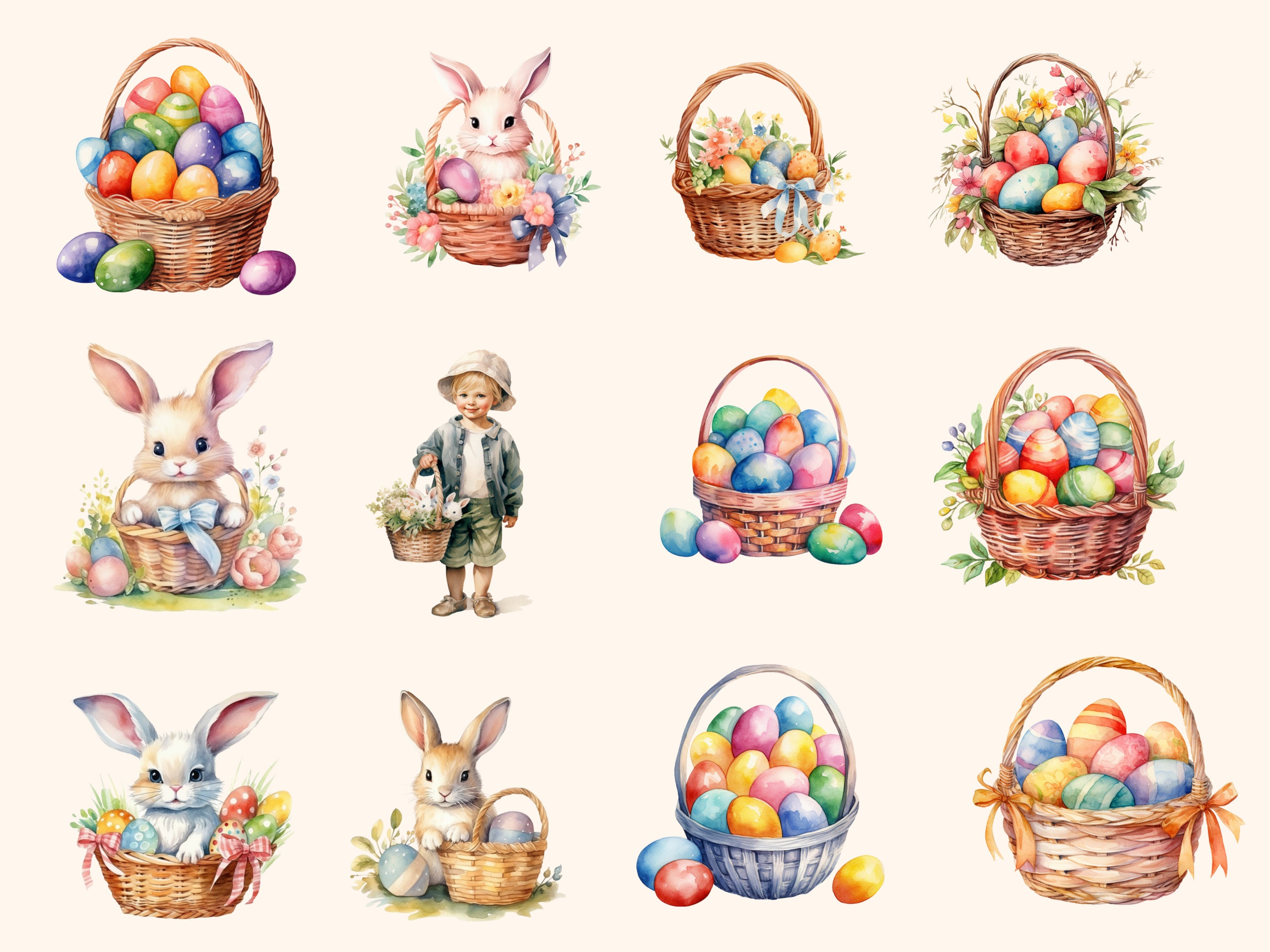 30 Easter Baskets Watercolor Clipart Sublimation Bundle PNG Commercial ...