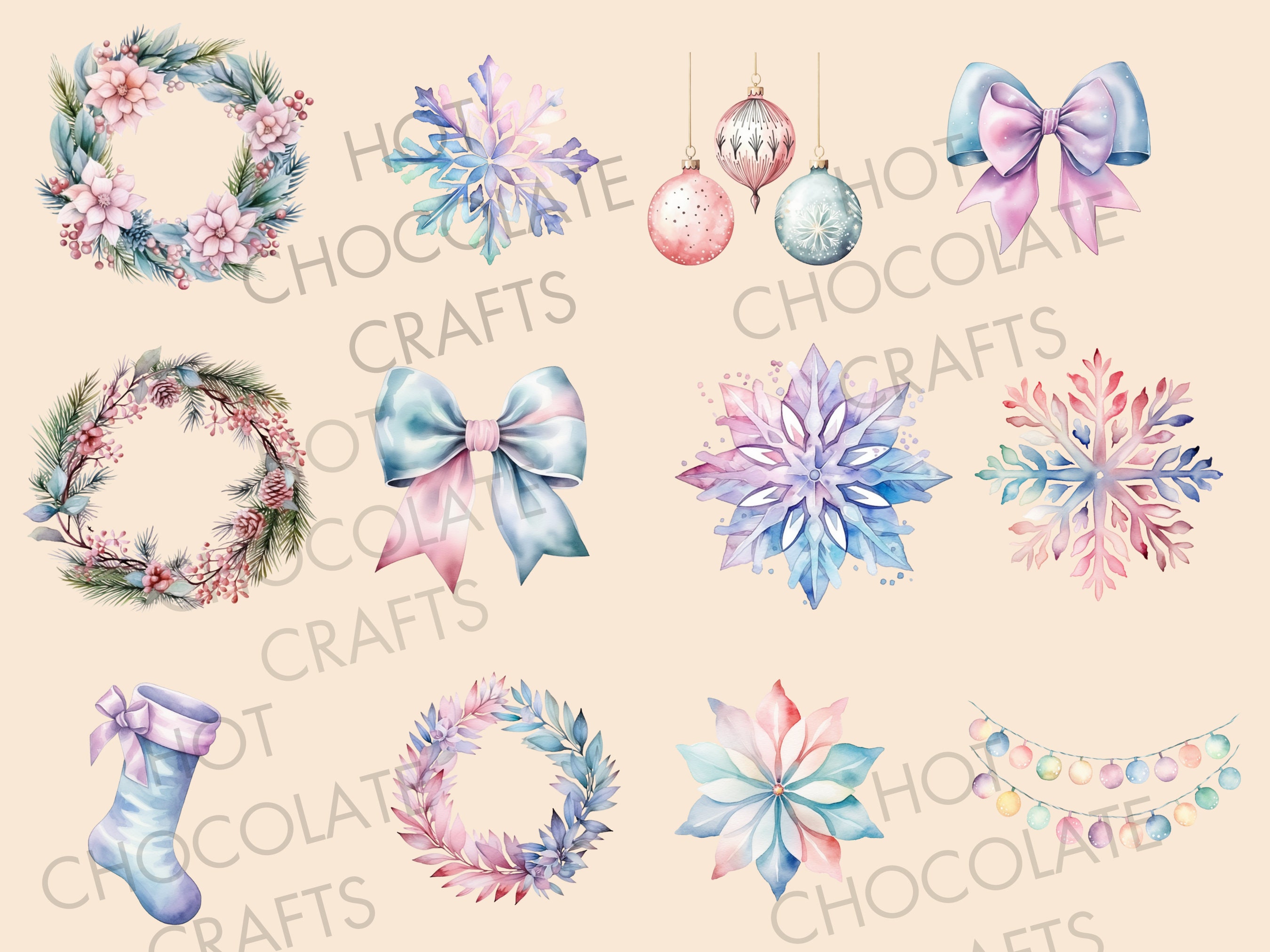 49 Pastel Christmas Watercolor Clipart Sublimation Bundle PNG ...