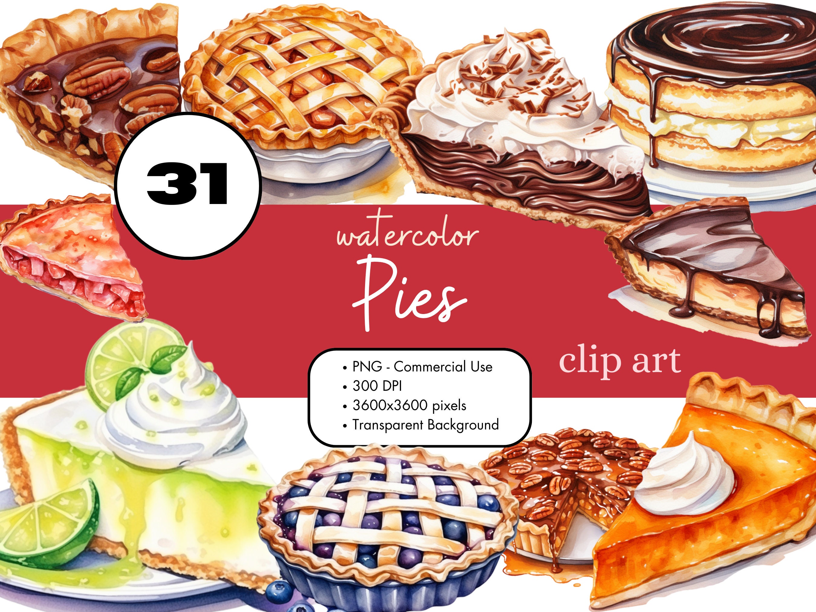31 Pies Watercolor Clipart Sublimation Bundle PNG Commercial Use ...