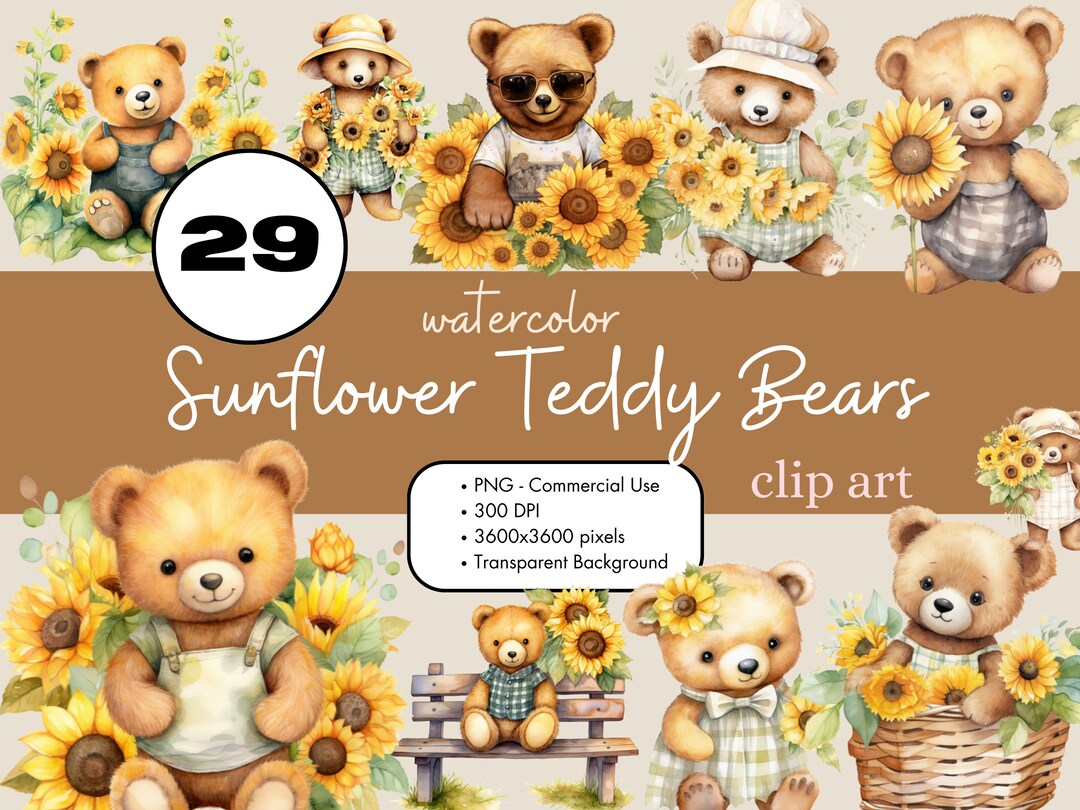 29 Sunflower Teddy Bears Watercolor Clipart Sublimation Bundle PNG ...