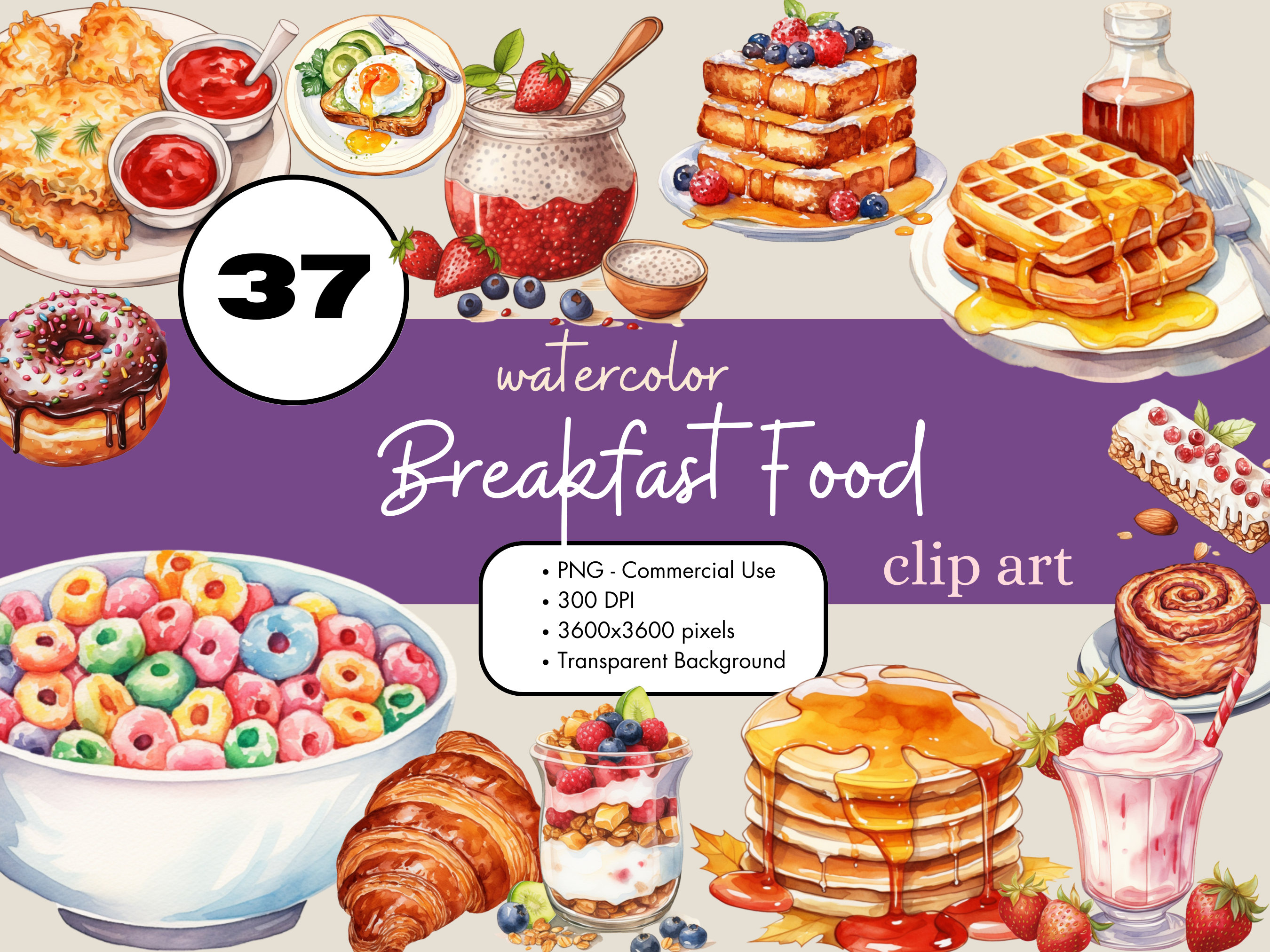 37 Breakfast Food Watercolor Clipart PNG Sublimation Bundle Commercial ...