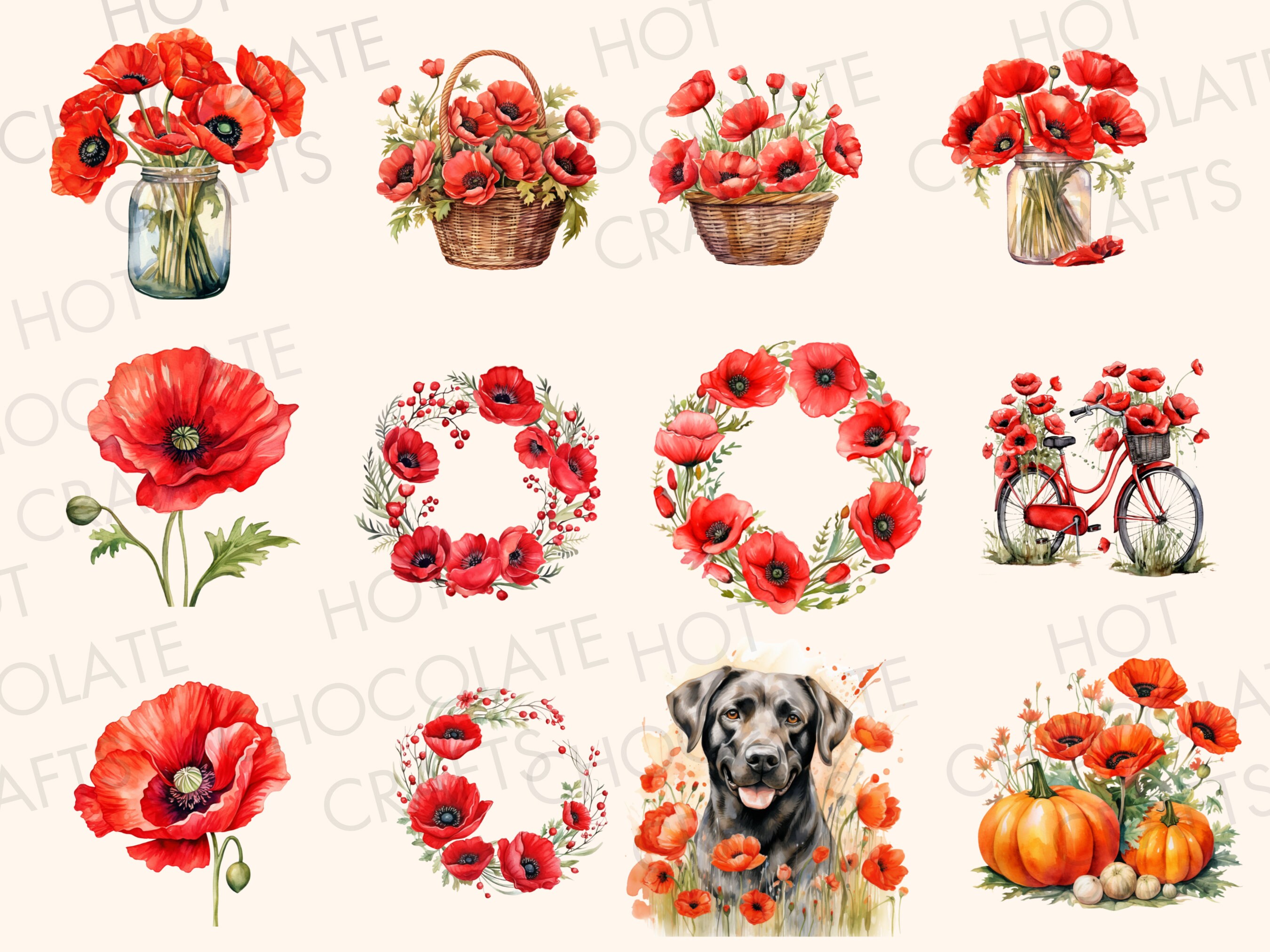 33 Poppies Watercolor Clipart Sublimation Bundle PNG Commercial Use ...
