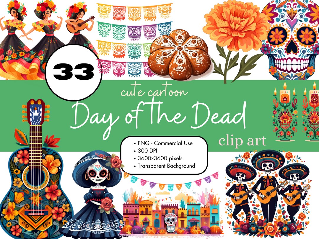 33 Day of the Dead Cute Cartoon Clipart Sublimation Bundle PNG ...