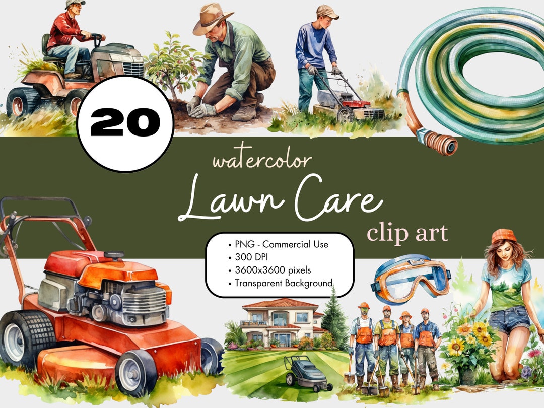 20 Lawn Care Mowing Clipart Bundle, Watercolor PNG Sublimation Bundle ...