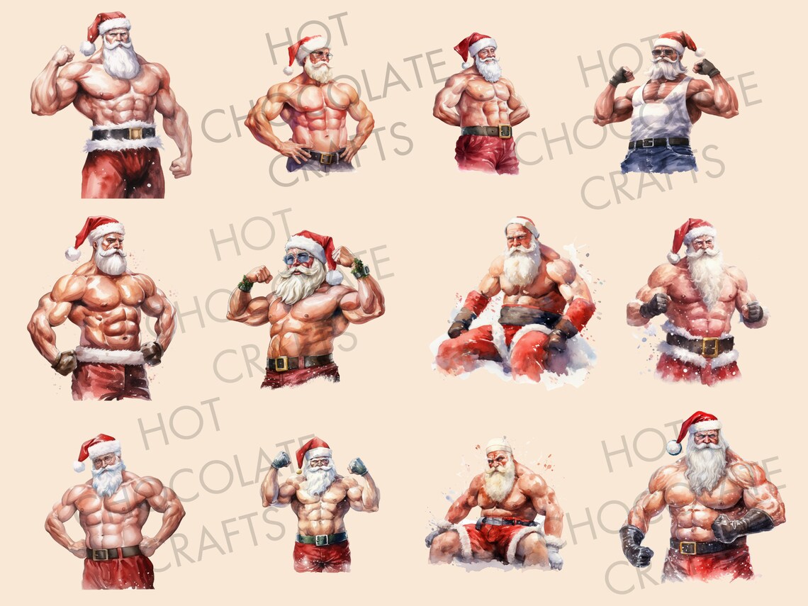 17 Bodybuilder Buff Santa Claus Watercolor Clipart Sublimation Bundle ...