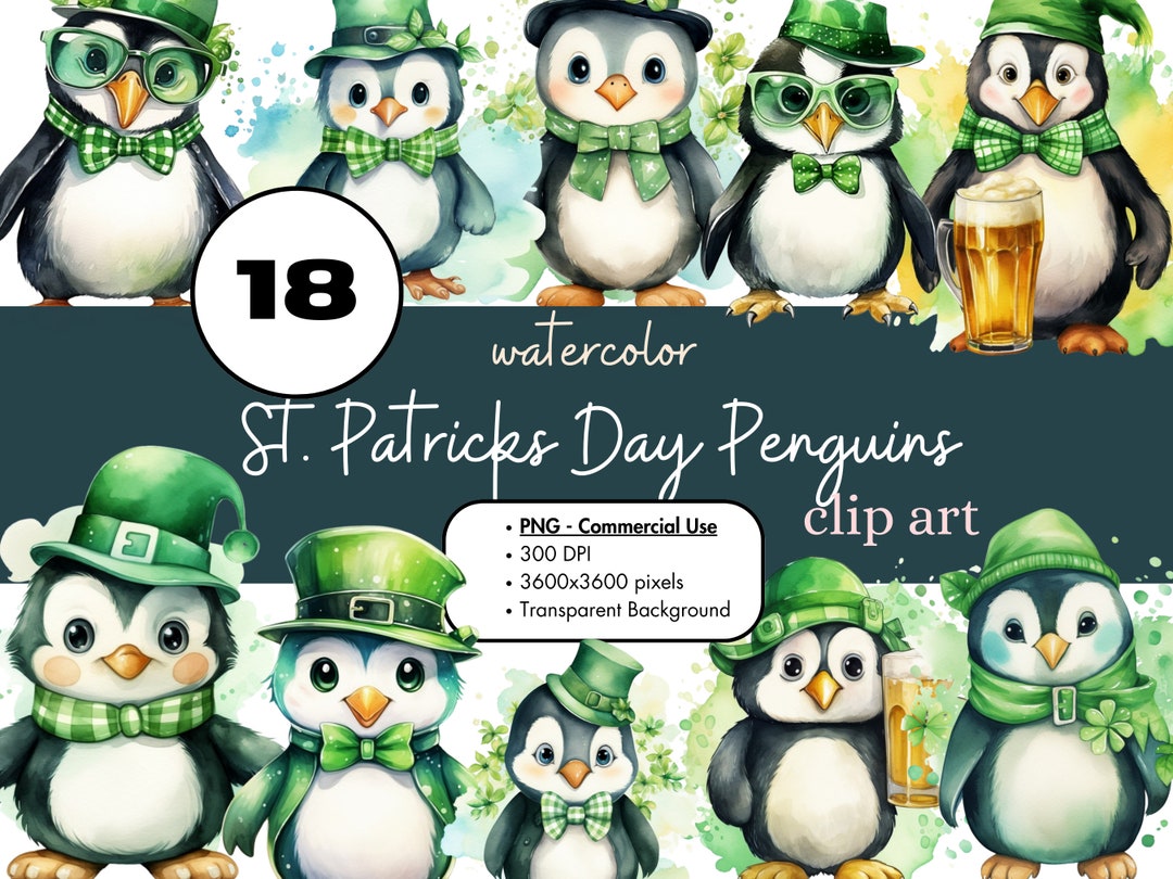 18 St Patricks Day Penguins Watercolor Clipart Sublimation Bundle PNG ...