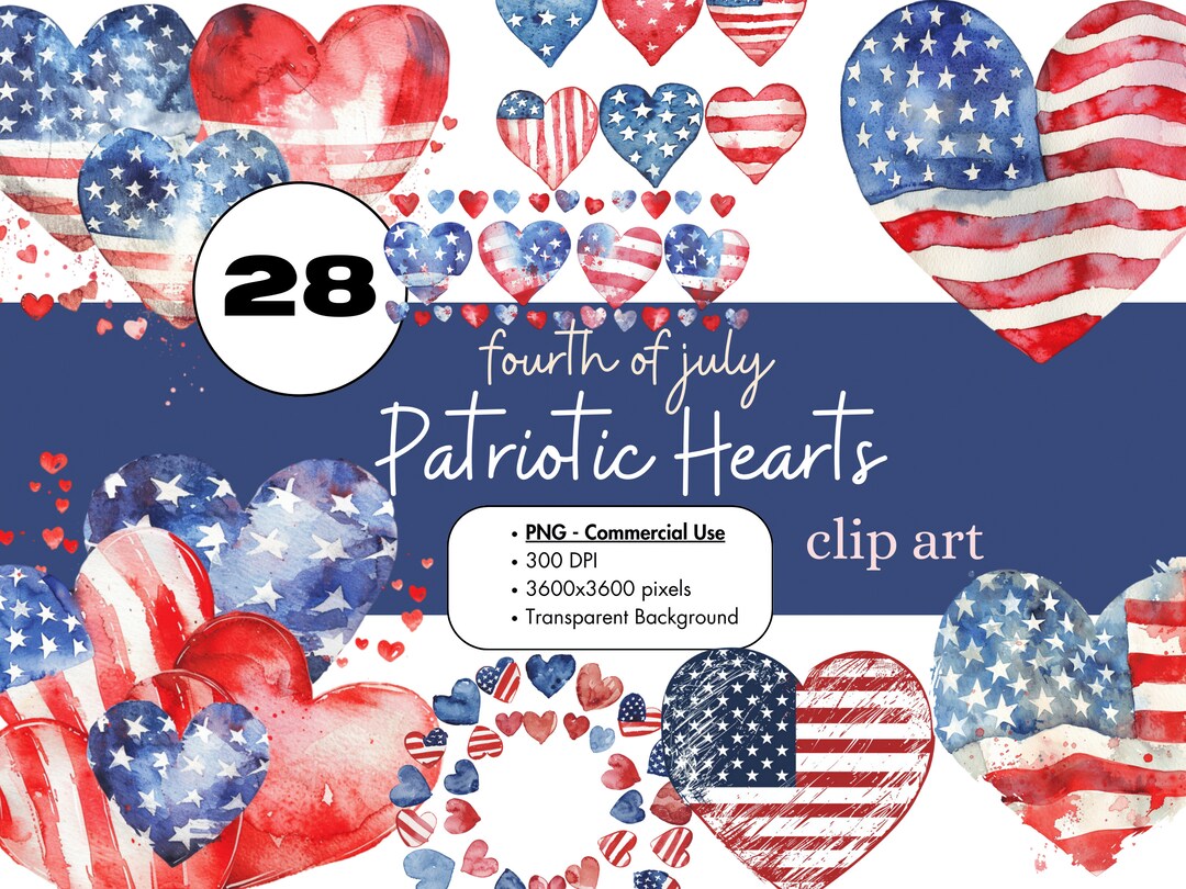 28 Watercolor Fourth of July Hearts Day Clipart PNG Sublimation Bundle ...