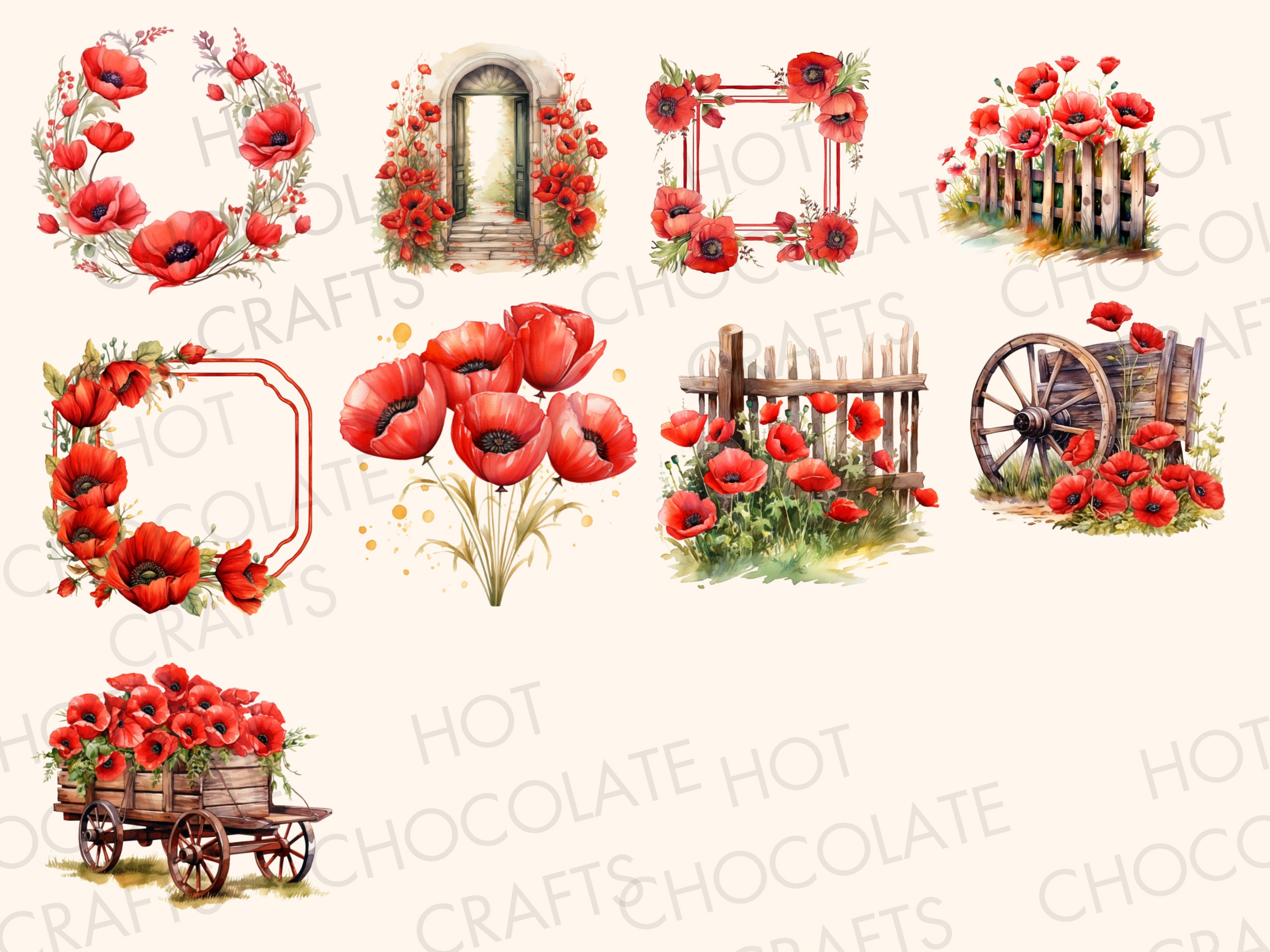 33 Poppies Watercolor Clipart Sublimation Bundle PNG Commercial Use ...