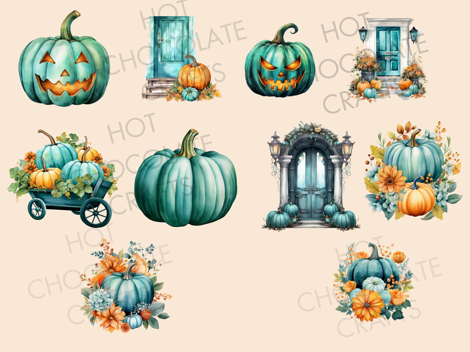 23 Teal Pumpkins Halloween Watercolor Clipart PNG Sublimation Bundle ...