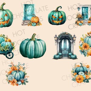 23 Teal Pumpkins Halloween Watercolor Clipart PNG Sublimation Bundle ...