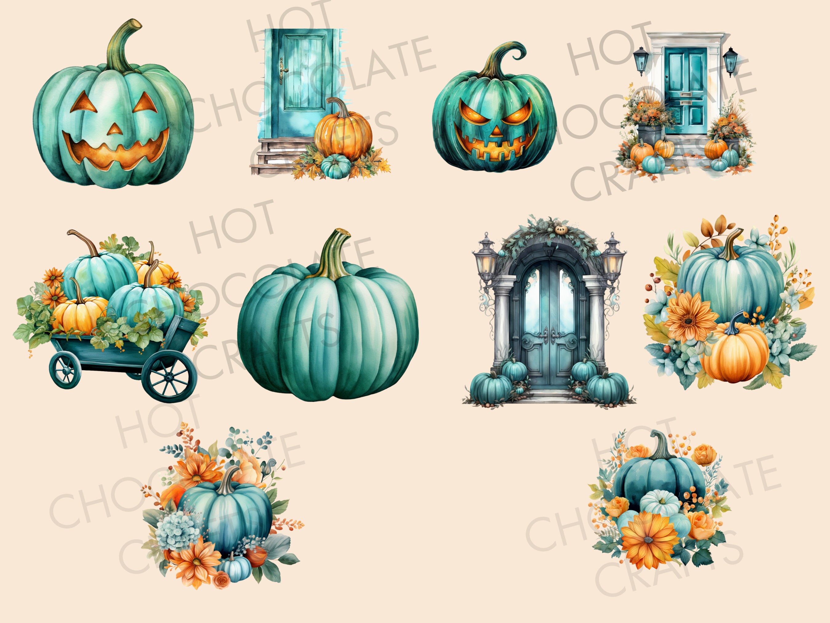 23 Teal Pumpkins Halloween Watercolor Clipart PNG Sublimation - Etsy
