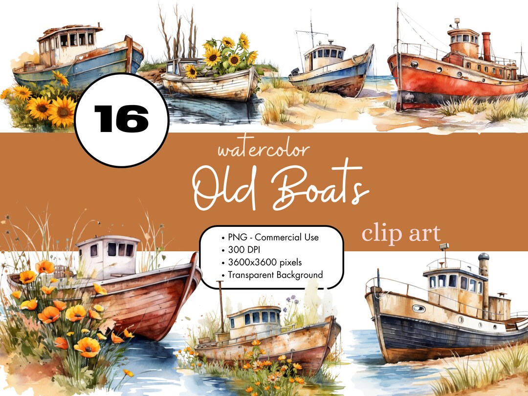 16 Old Boats Watercolor Clipart Sublimation Bundle PNG Commercial Use ...