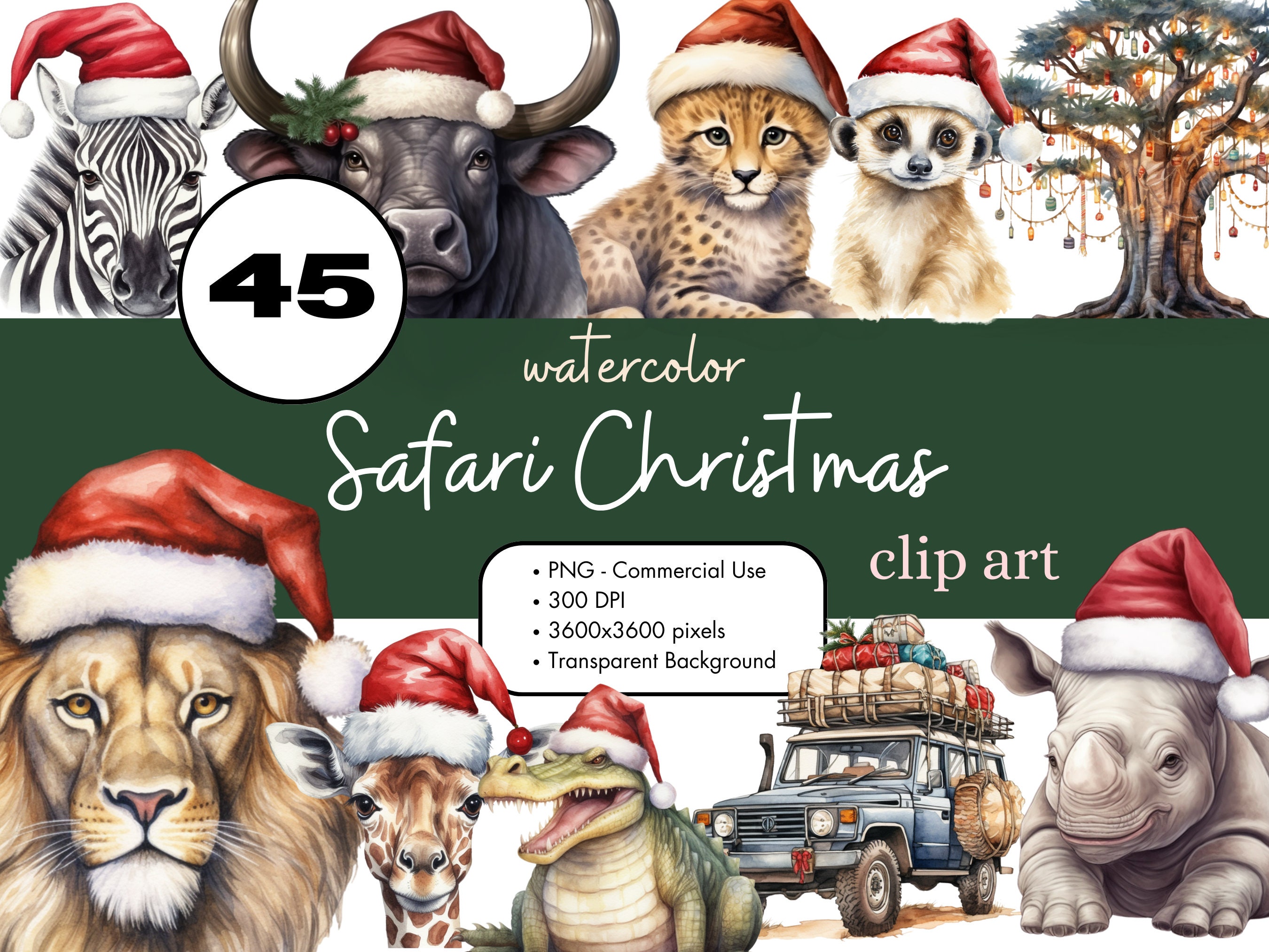 45 Christmas Safari Watercolor Clipart PNG Sublimation Bundle ...