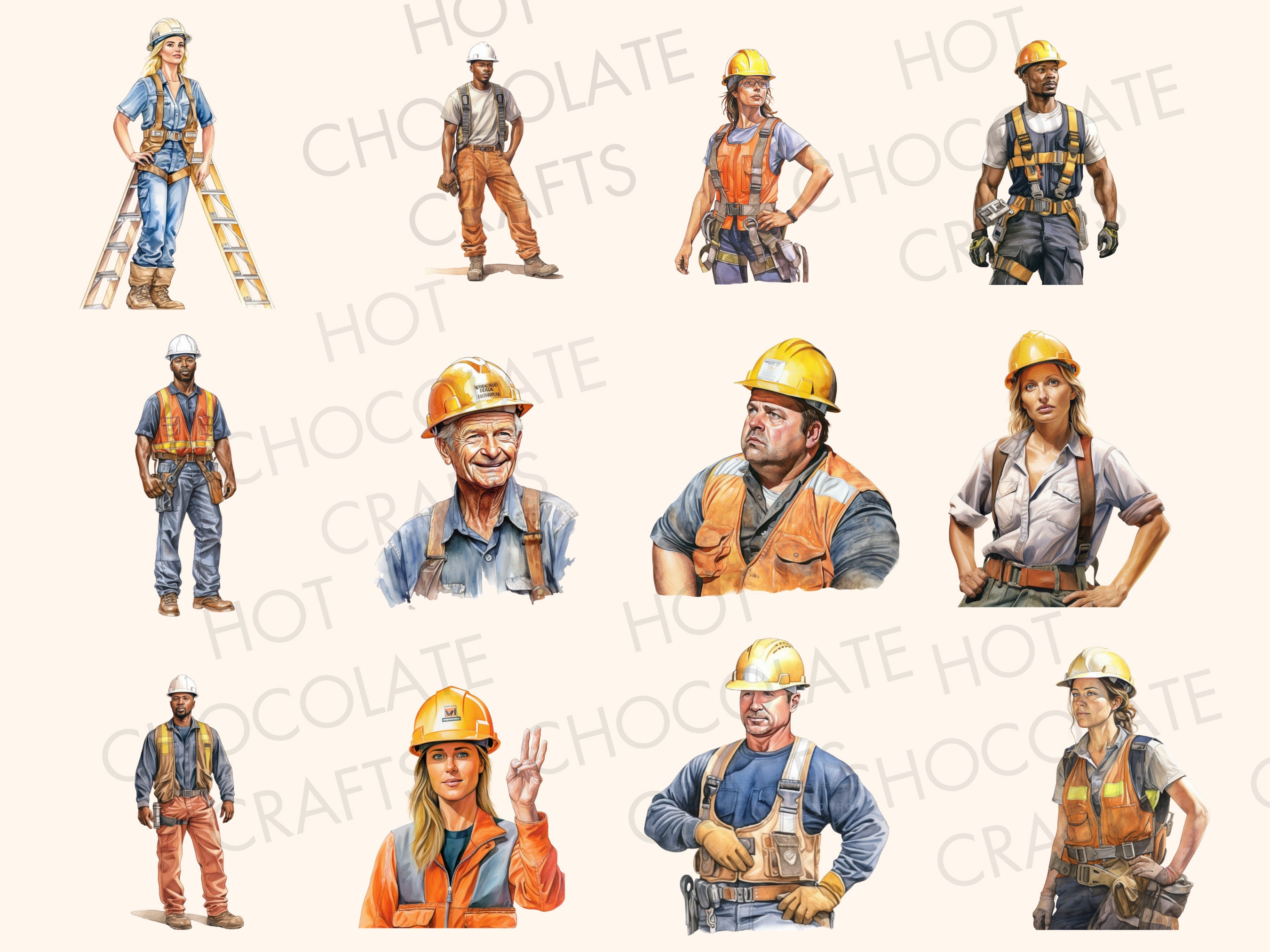 28 Construction Worker Watercolor Clipart Sublimation Bundle PNG ...