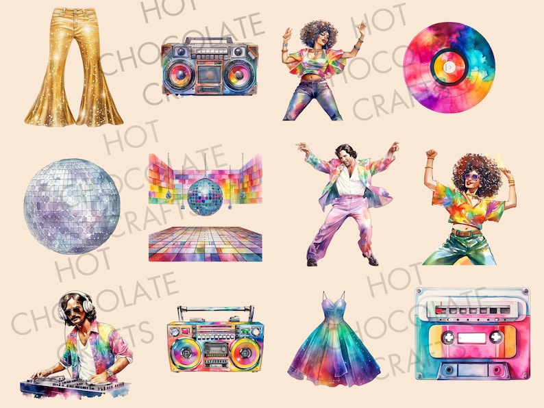 30 Disco Groovy Watercolor Clipart Sublimation Bundle PNG Commercial ...