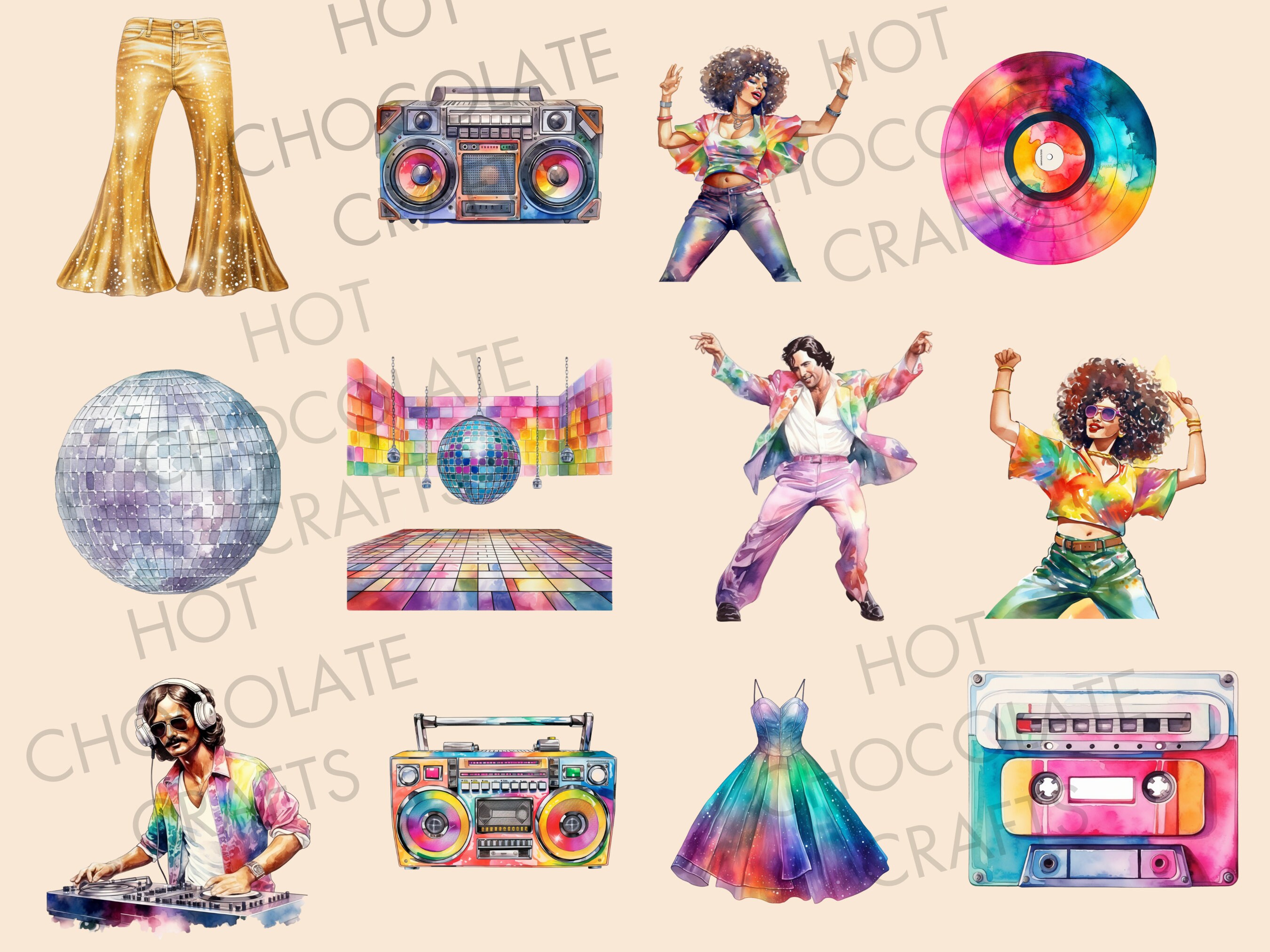 30 Disco Groovy Watercolor Clipart Sublimation Bundle PNG Commercial ...