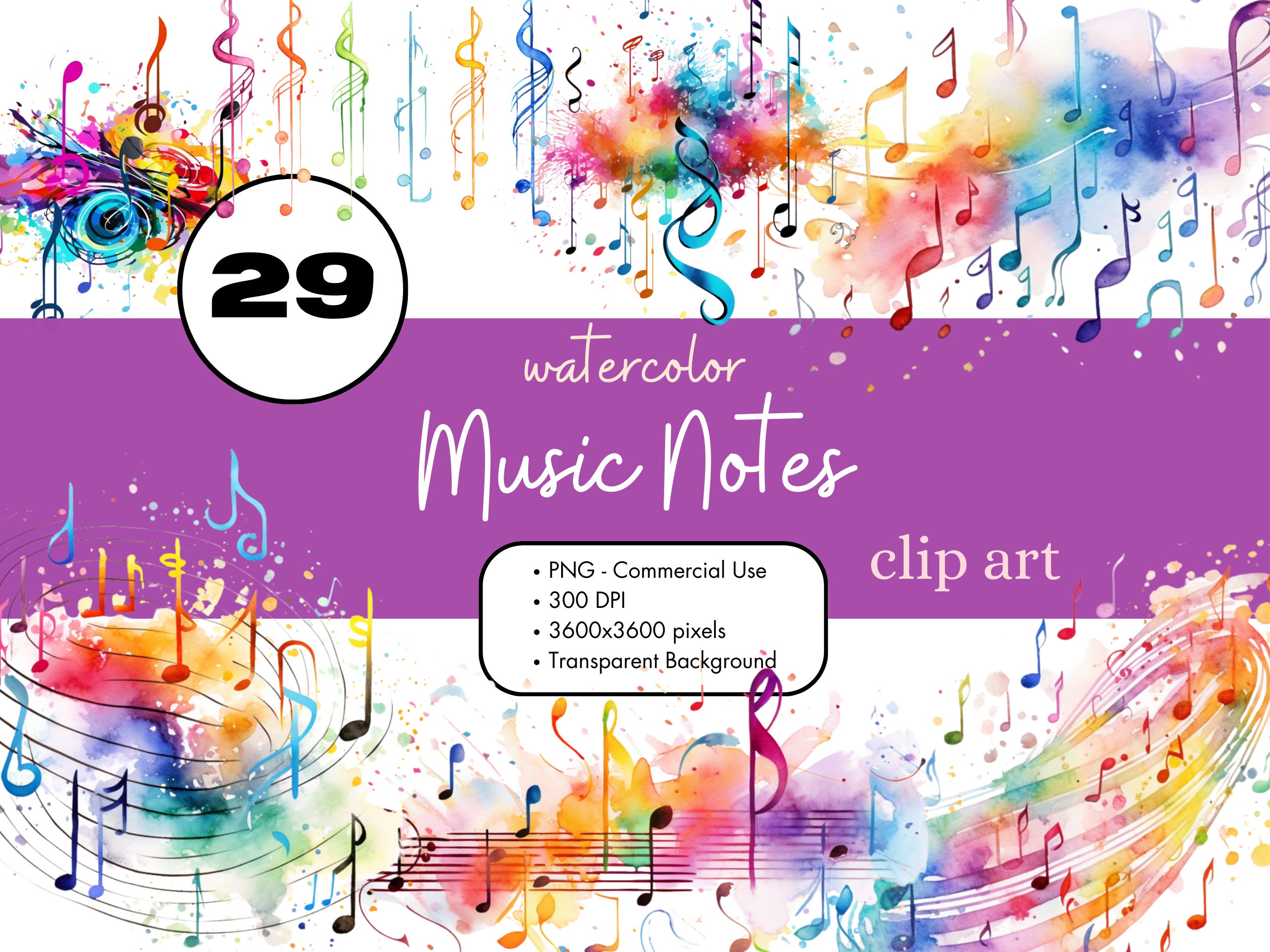 29 Music Notes Watercolor Clipart Sublimation Bundle PNG Commercial Use ...
