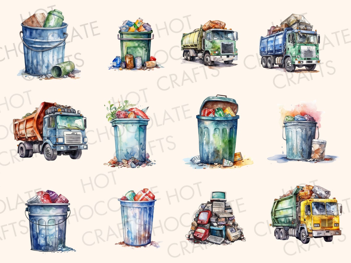 36 Garbage Trash Watercolor Clipart PNG Sublimation Bundle Commercial ...