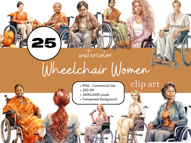 25 Wheelchair Women Watercolor Clipart Sublimation Bundle PNG ...