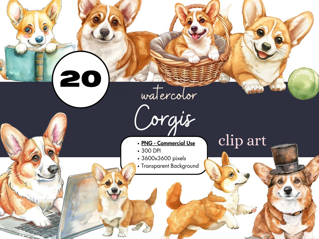20 Corgi Watercolor Clipart PNG Sublimation Bundle Commercial Use ...