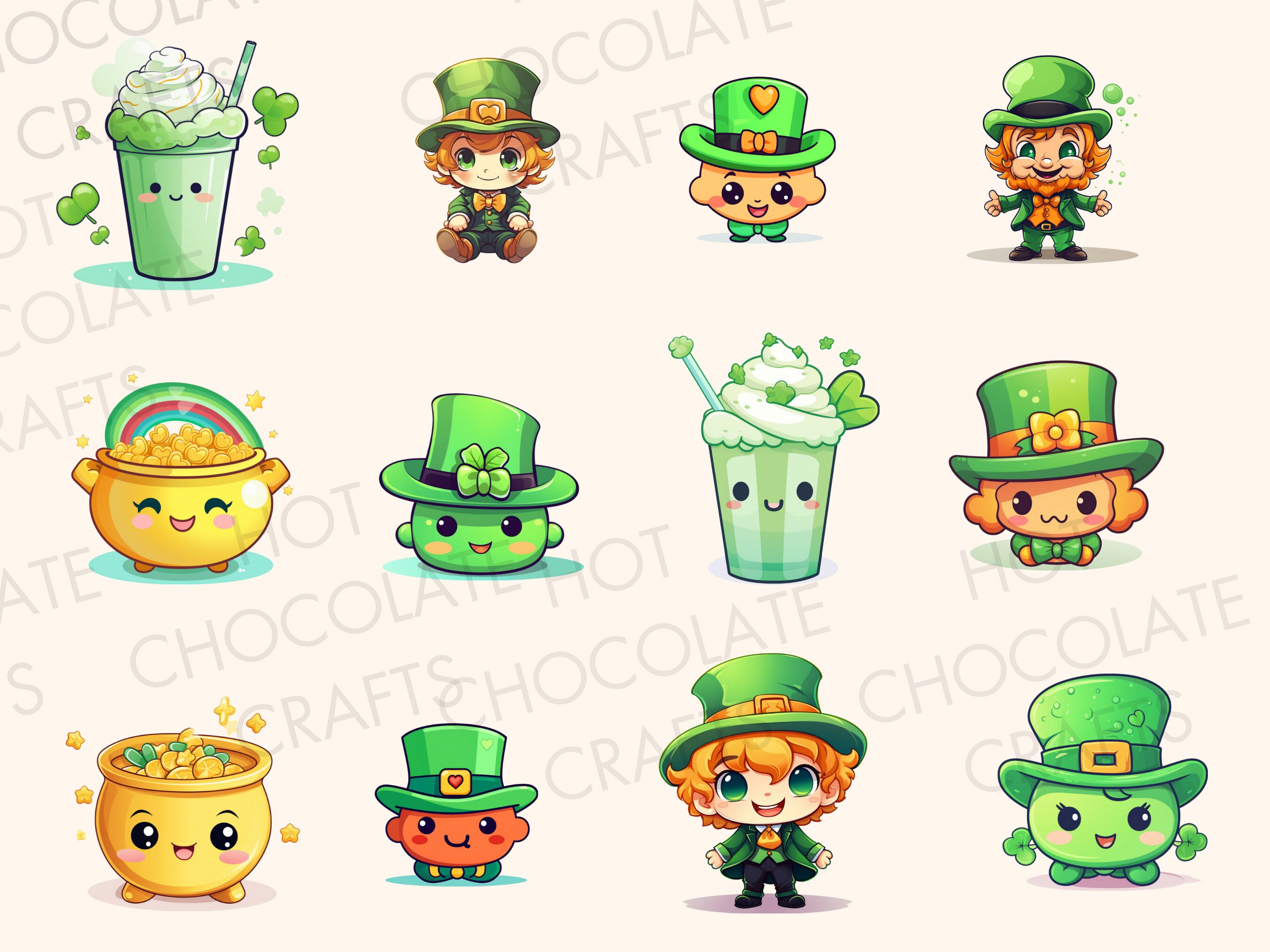 28 Kawaii St. Patrick's Day Watercolor Clipart Sublimation Bundle PNG ...