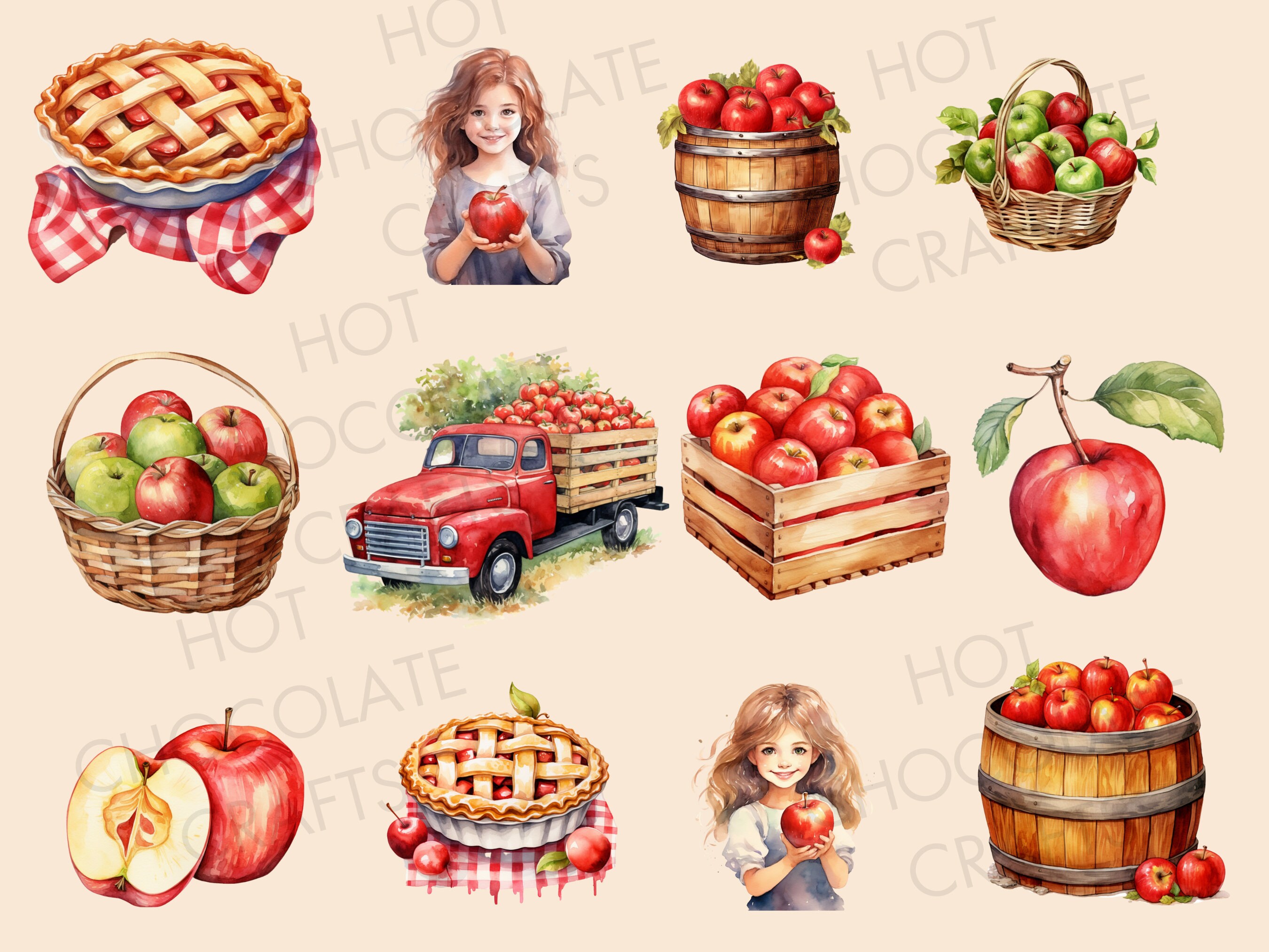42 Fall Apples Picking Watercolor Clipart Sublimation Bundle PNG ...