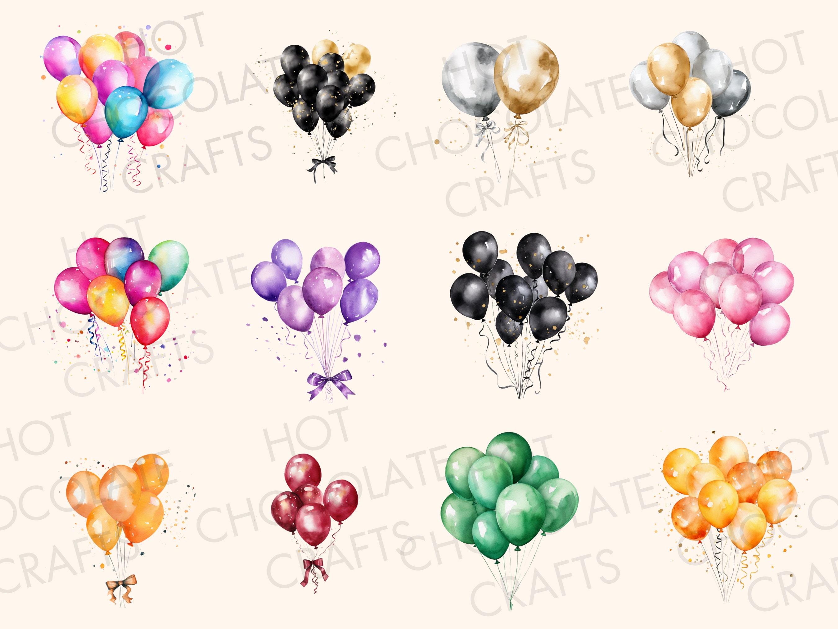41 Colorful Birthday Balloons Watercolor Clipart Sublimation Bundle PNG ...