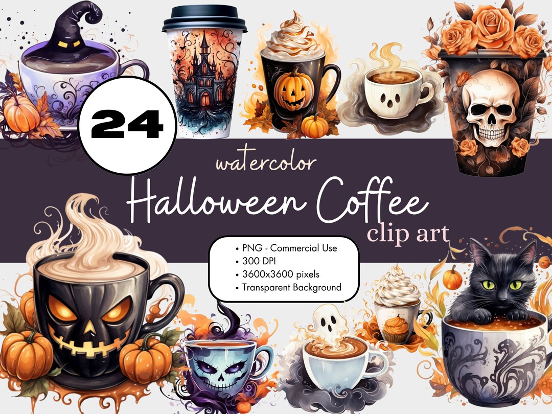 19 Halloween Coffee Watercolor Clipart PNG Sublimation Bundle ...