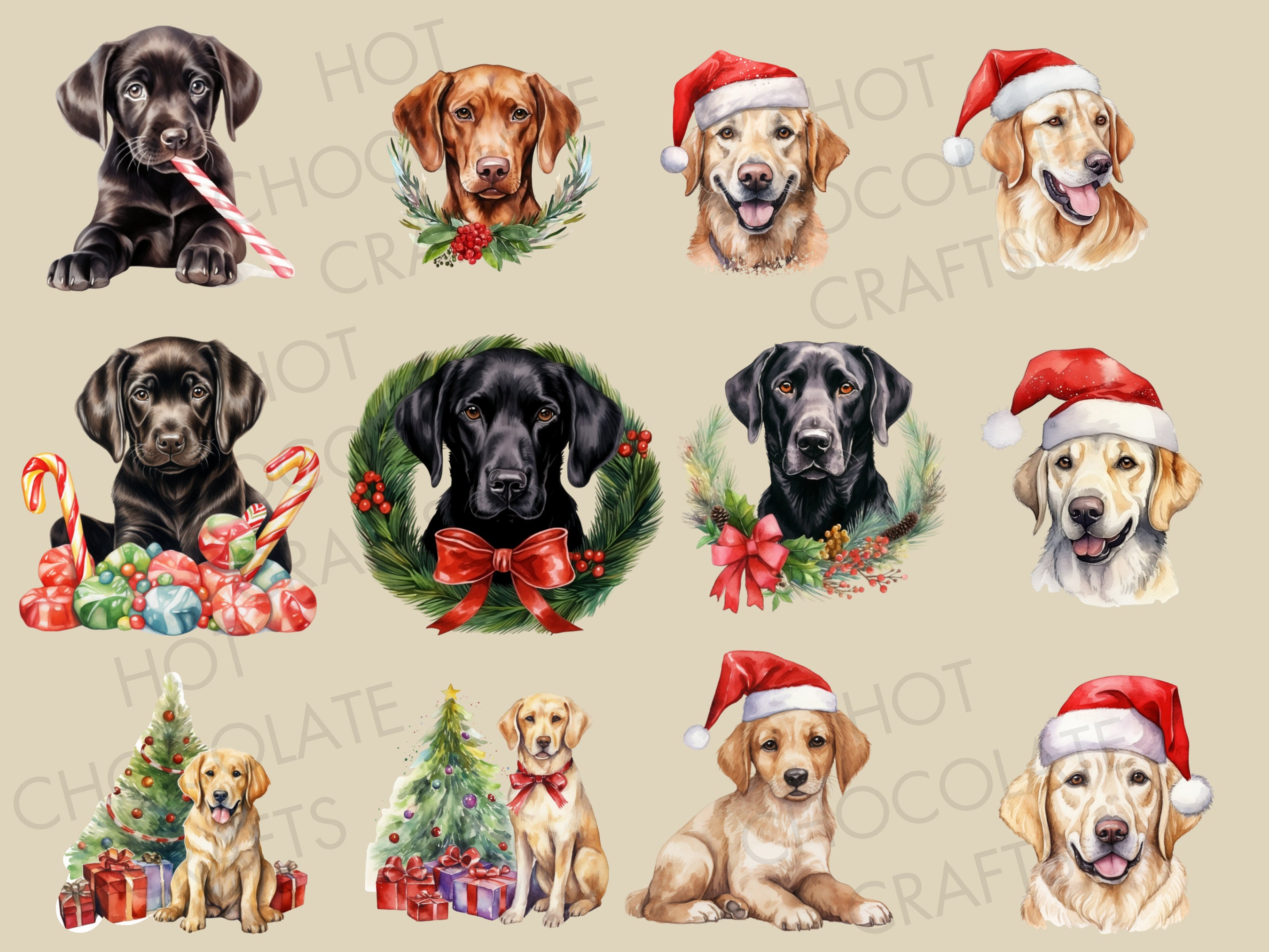 24 Labrador Retriever Christmas Dogs Watercolor Clipart PNG Sublimation ...