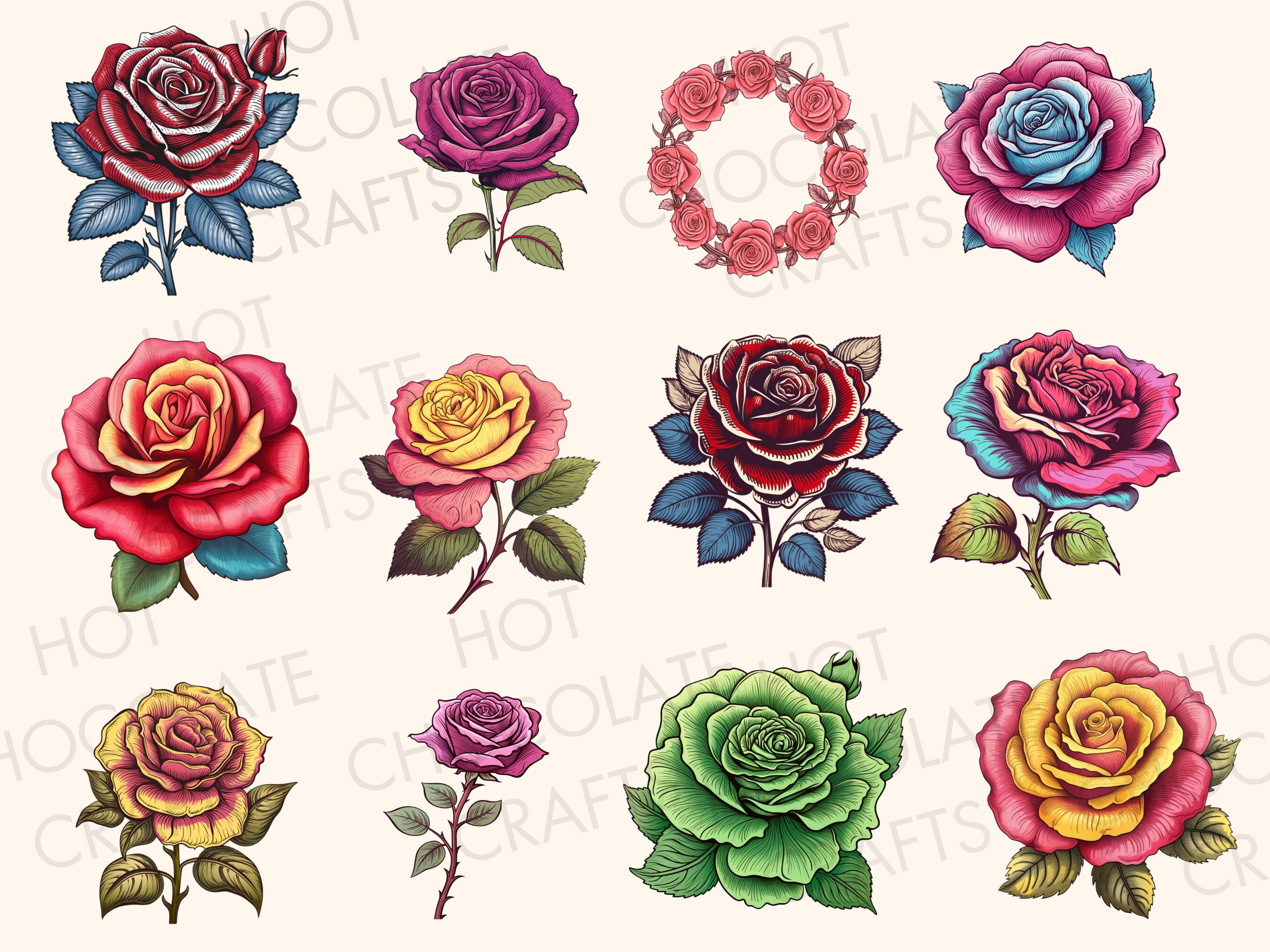 34 Vintage Roses Clipart Sublimation Bundle PNG Commercial Use Graphics ...