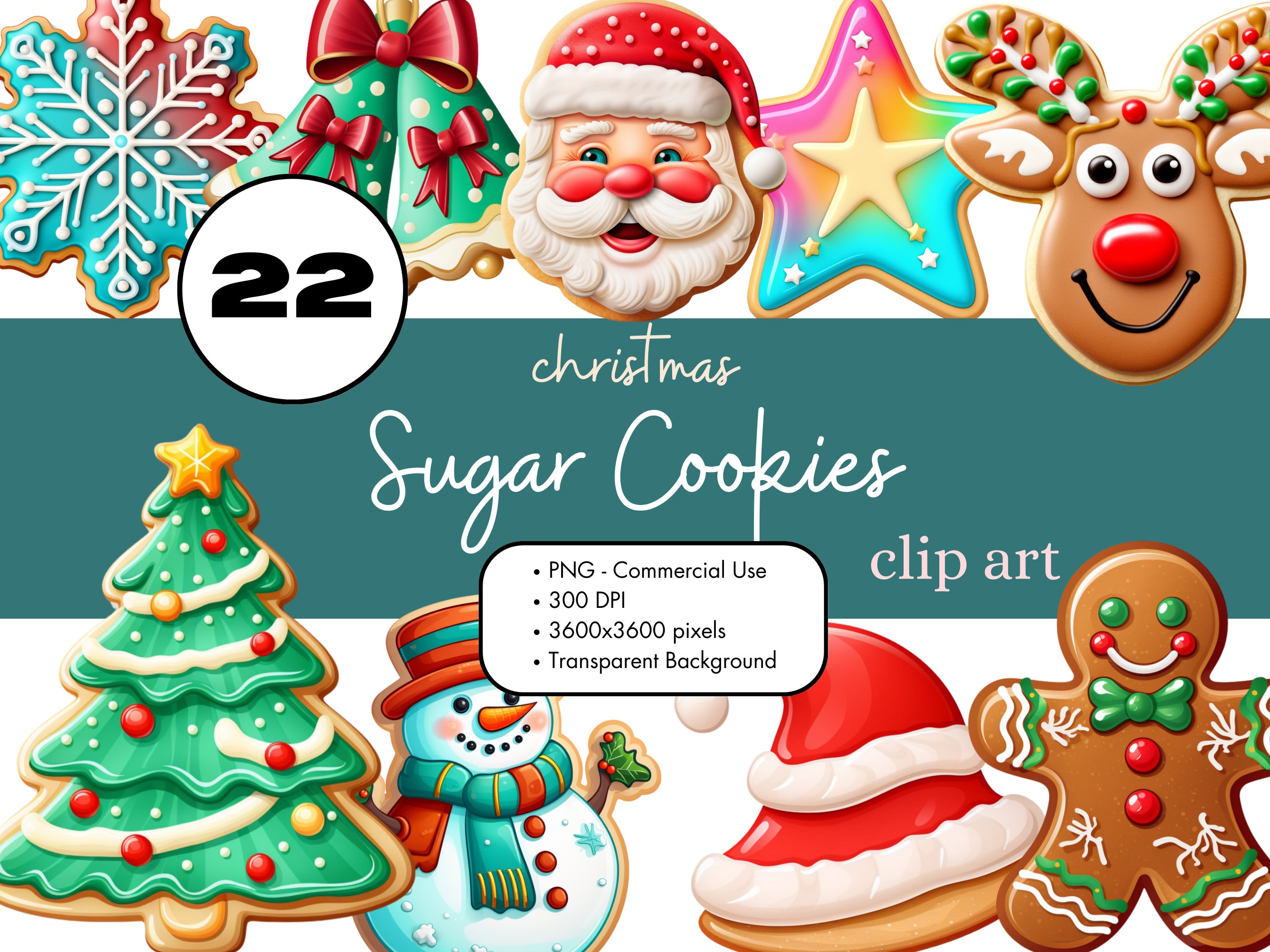 22 Christmas Sugar Cookies Clipart Sublimation Bundle PNG Commercial ...