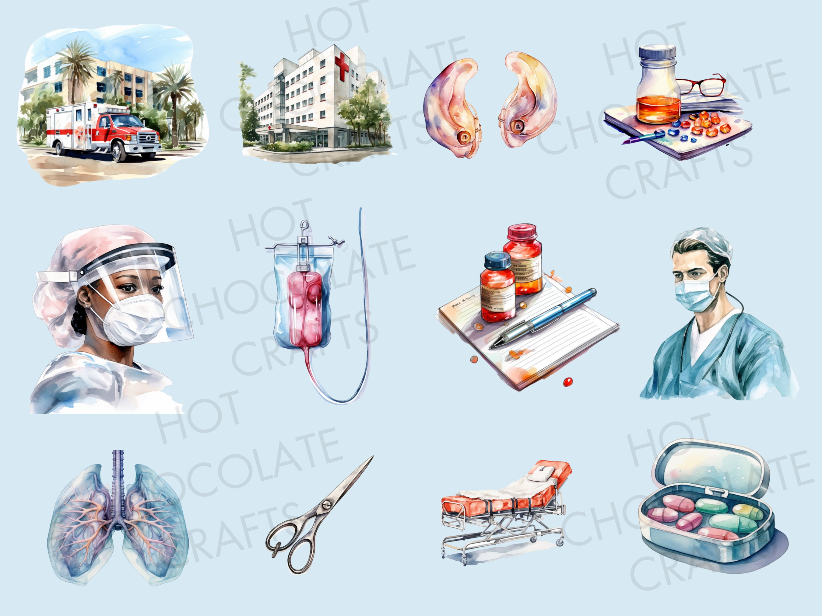 44 Medical Watercolor Clipart PNG Sublimation Bundle Commercial Use ...