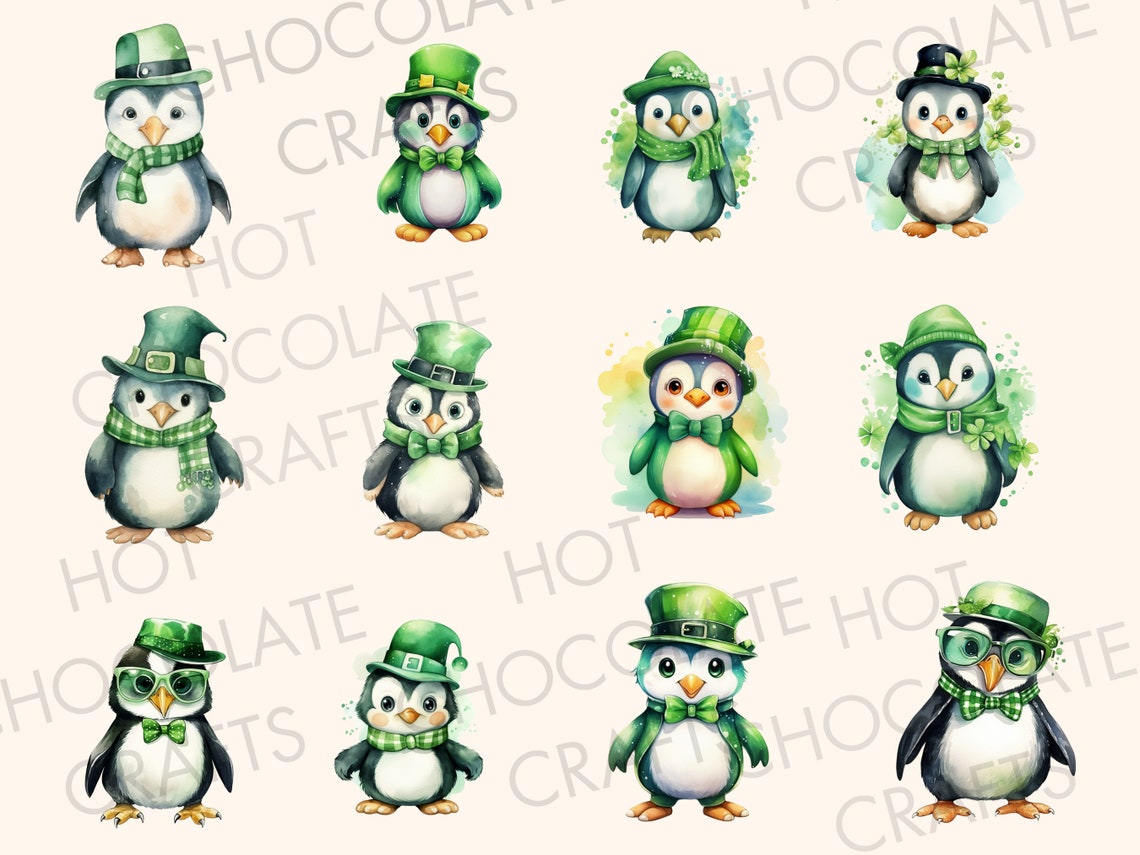 18 St Patricks Day Penguins Watercolor Clipart Sublimation Bundle PNG ...